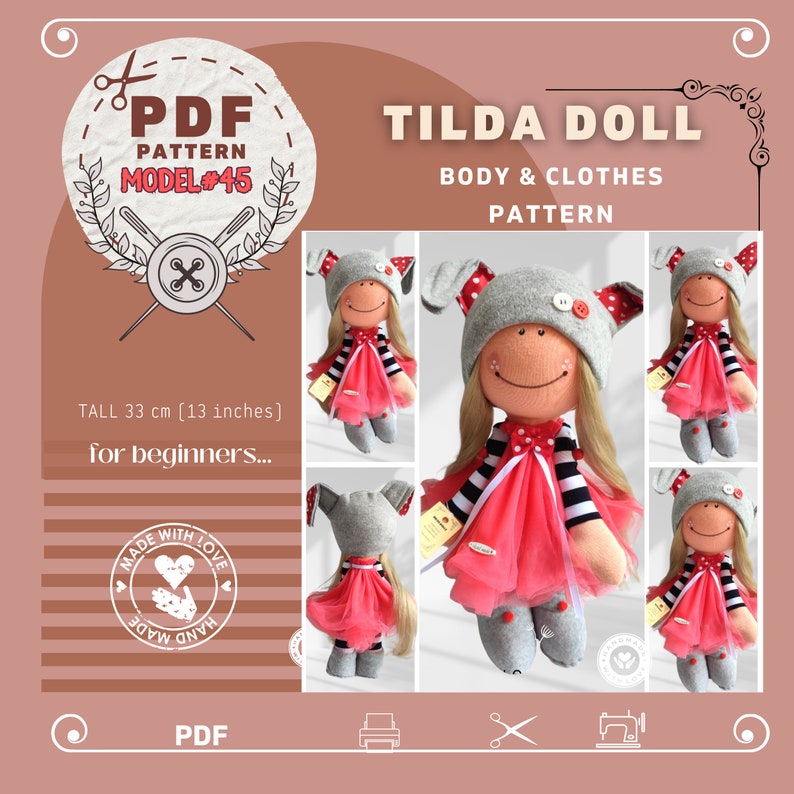 Tilda Doll Pattern for Body and Clothes, Size 33 Cm 13 Inches Model 45 PDF Pattern Instant ...