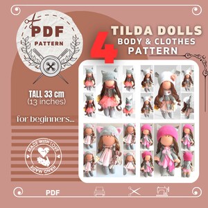 Pack 4 Tilda Doll Patterns for Body and Clothes, Size 33 Cm 13 Inches ...