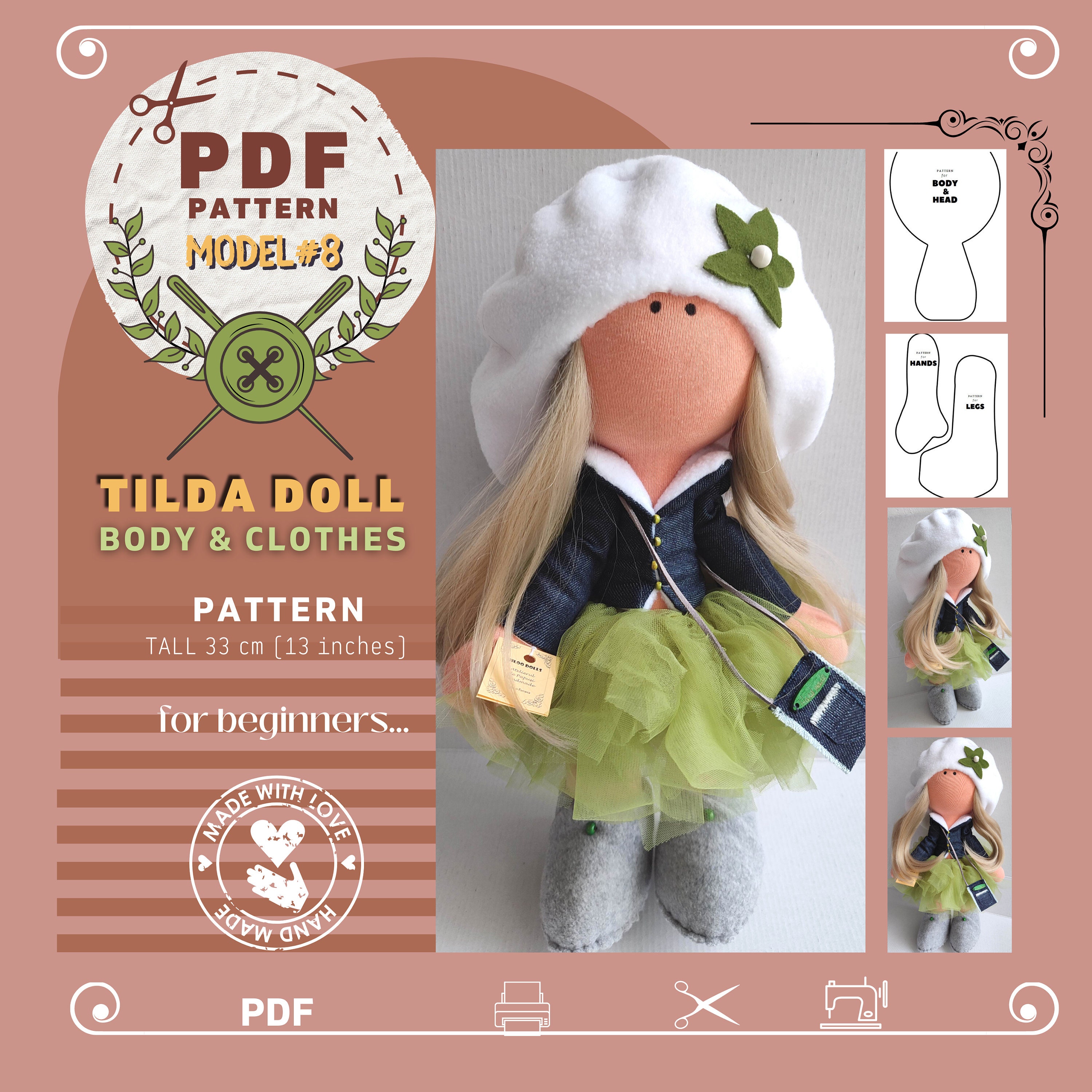 Tilda Doll Pattern for Body and Clothes, Size 33 Cm 13 Inches Model 8 ...