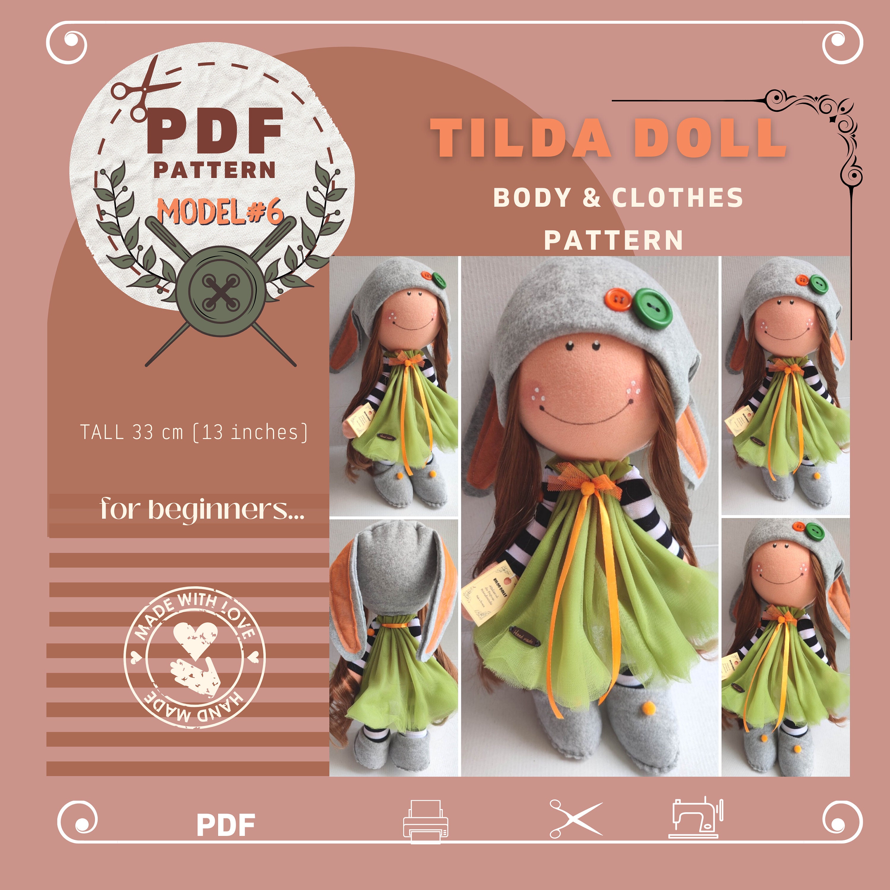 Tilda Doll Pattern for Body and Clothes, Size 33 Cm 13 Inches Model 6 ...