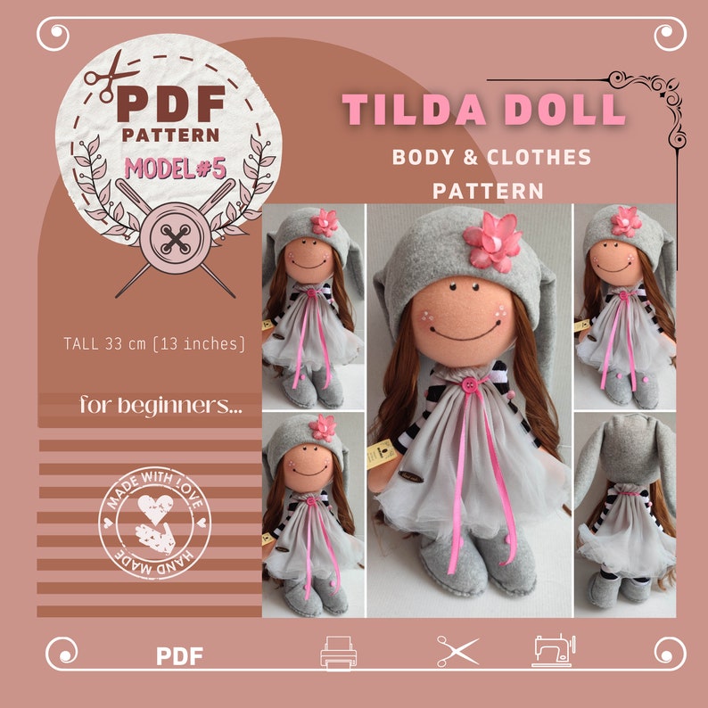 Tilda Doll Pattern for Body and Clothes, Size 33 Cm 13 Inches Model 5 PDF Pattern Instant ...