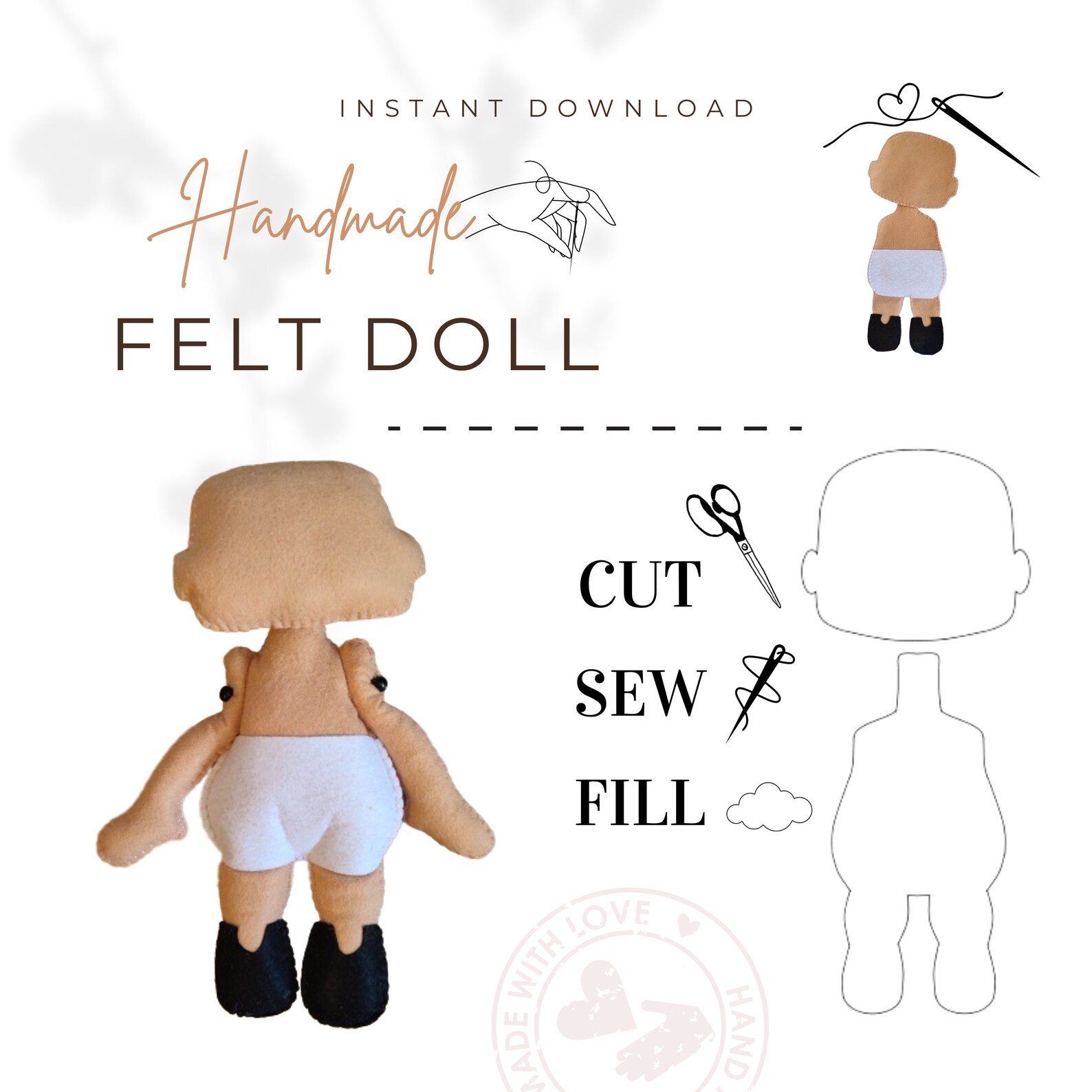 Felt Doll Pattern for Body Blank, Size 25 Cm 9 Inches Model 1 INSTANT ...