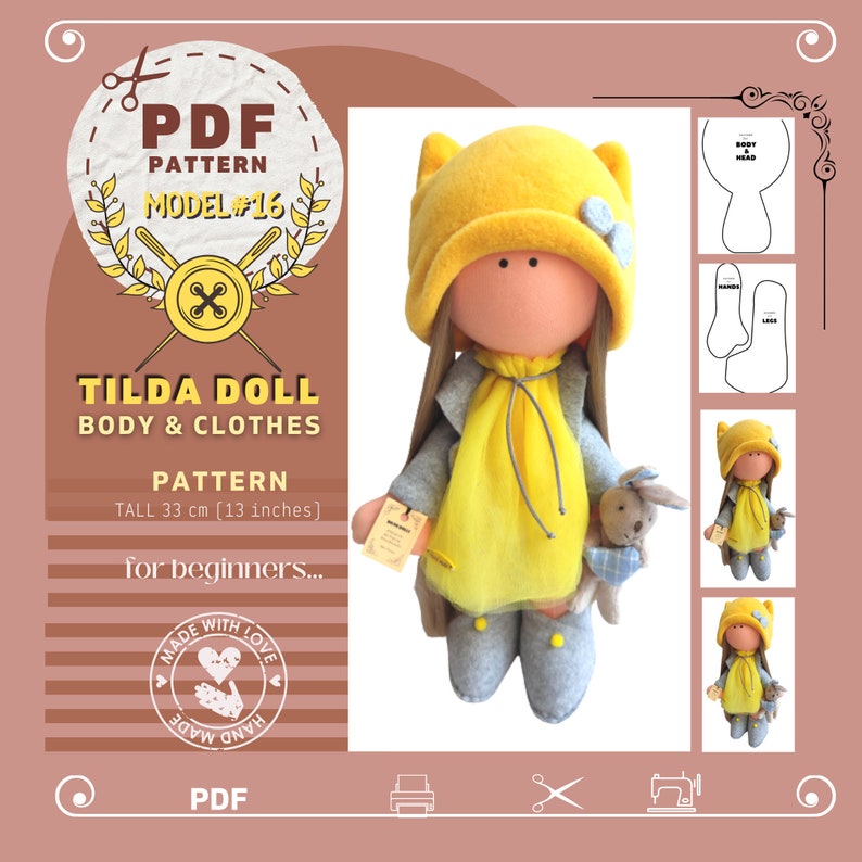 Tilda Doll Pattern for Body and Clothes, Size 33 Cm 13 Inches Model 16 PDF Pattern Instant ...