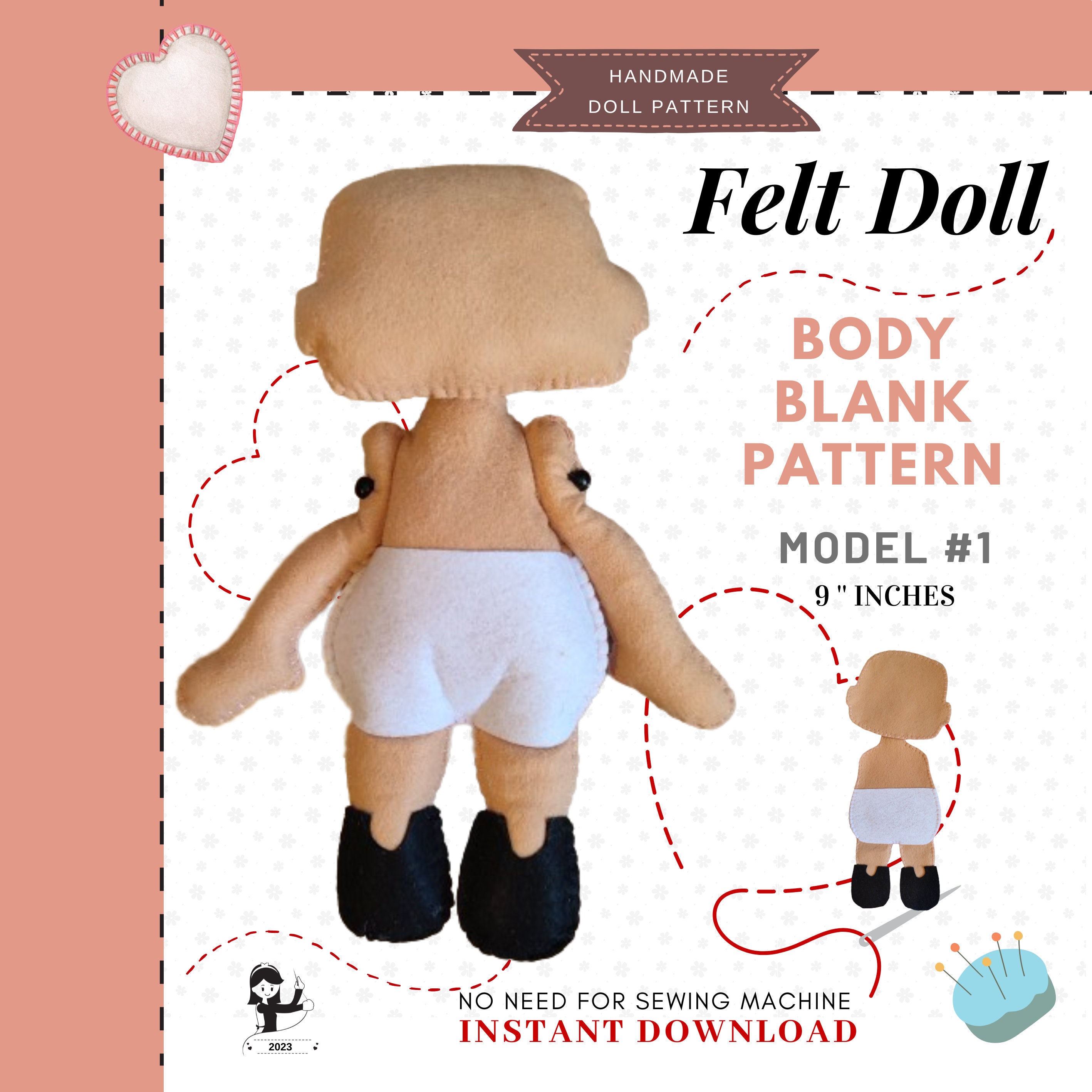 Felt Doll Pattern for Body Blank, Size 25 Cm 9 Inches Model 1 INSTANT ...