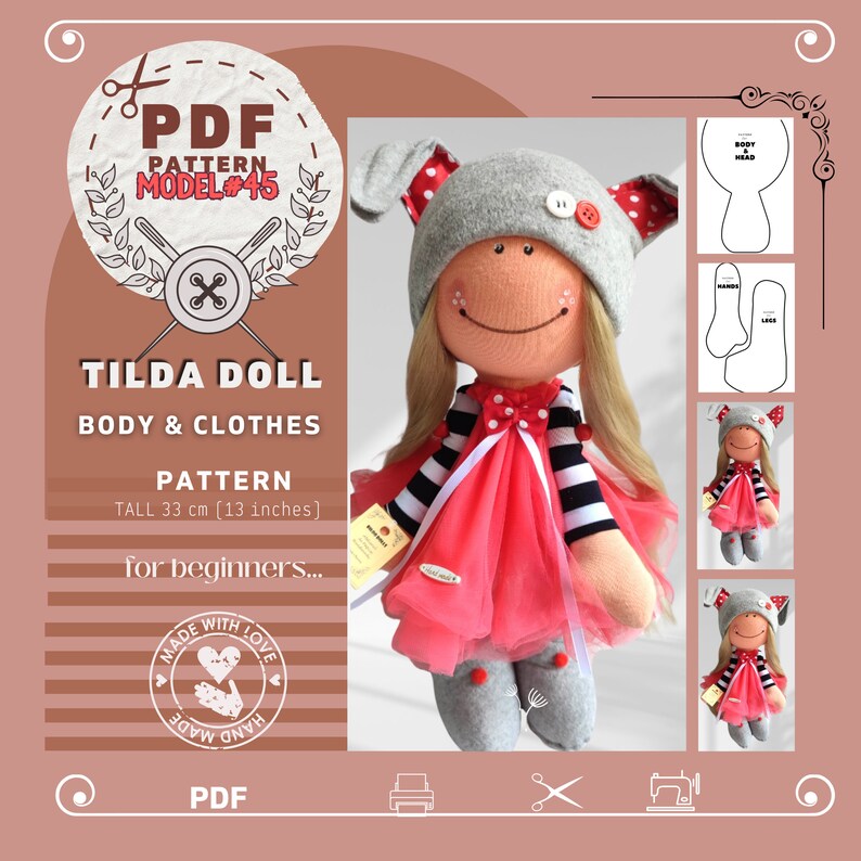 Tilda Doll Pattern for Body and Clothes, Size 33 Cm 13 Inches Model 45 PDF Pattern Instant ...