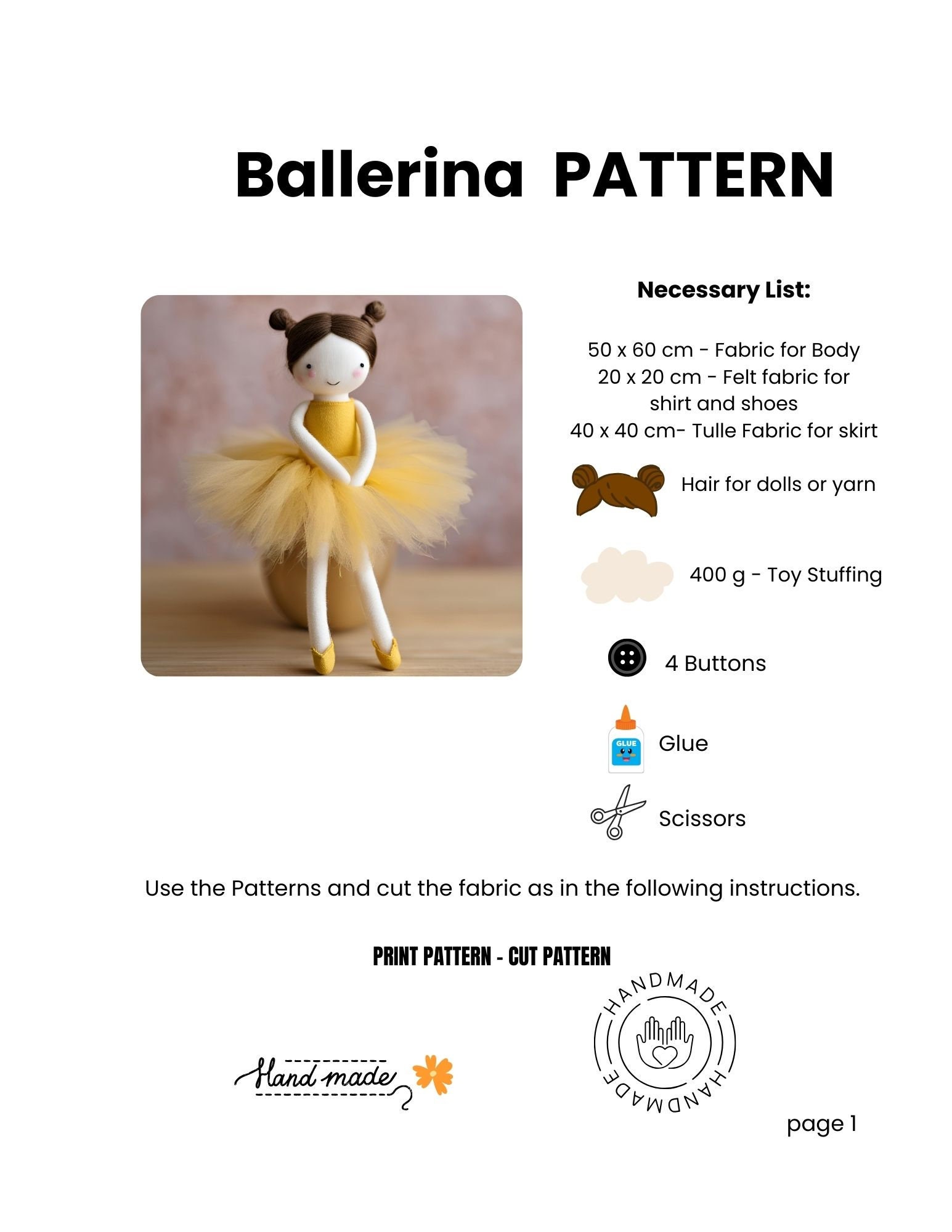 BALLERINA Sewing Pattern, Cute Ballerina Toy Pattern 12'', PDF File ...