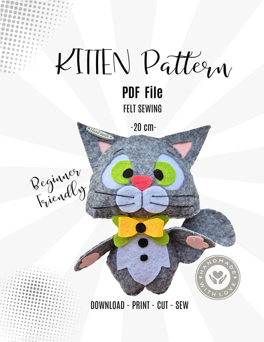 Kitten Sewing Pattern, Cute Felt Kitten Toy, Pattern 20 Cm, PDF File ...