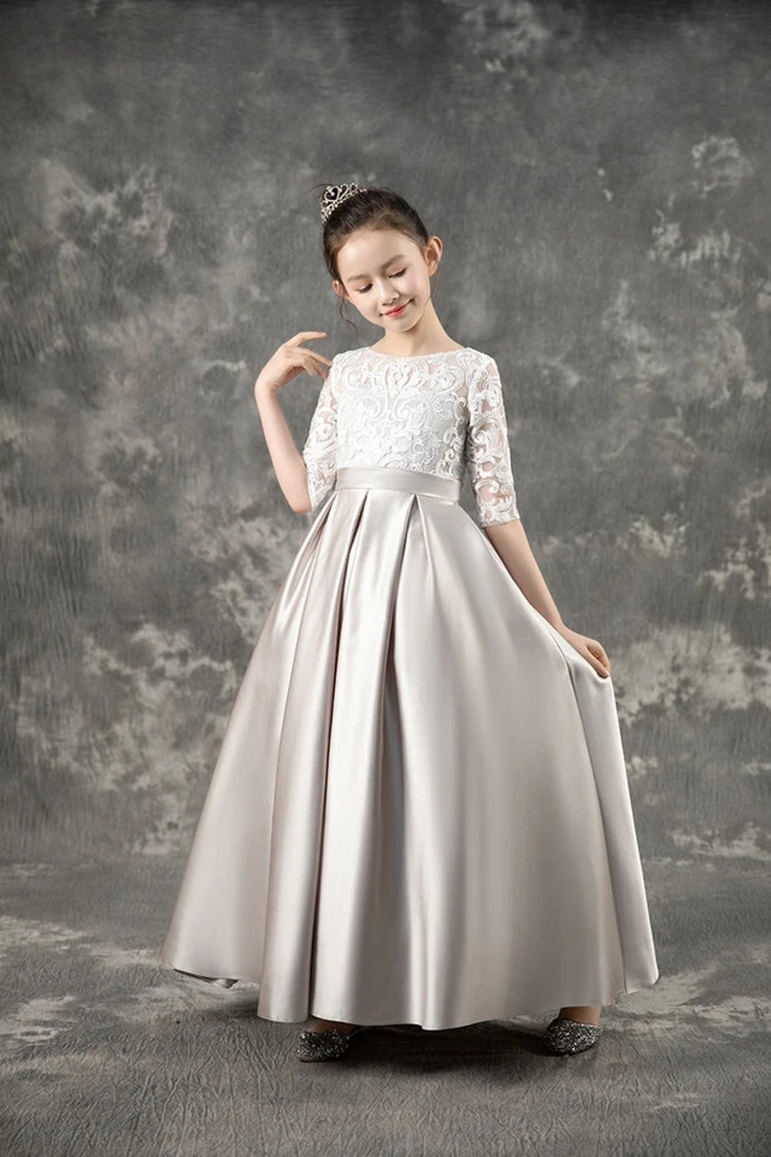 Bridesmaid Satin Dress for Girls Half Sleeve Lace Flower Girl Dress for ...