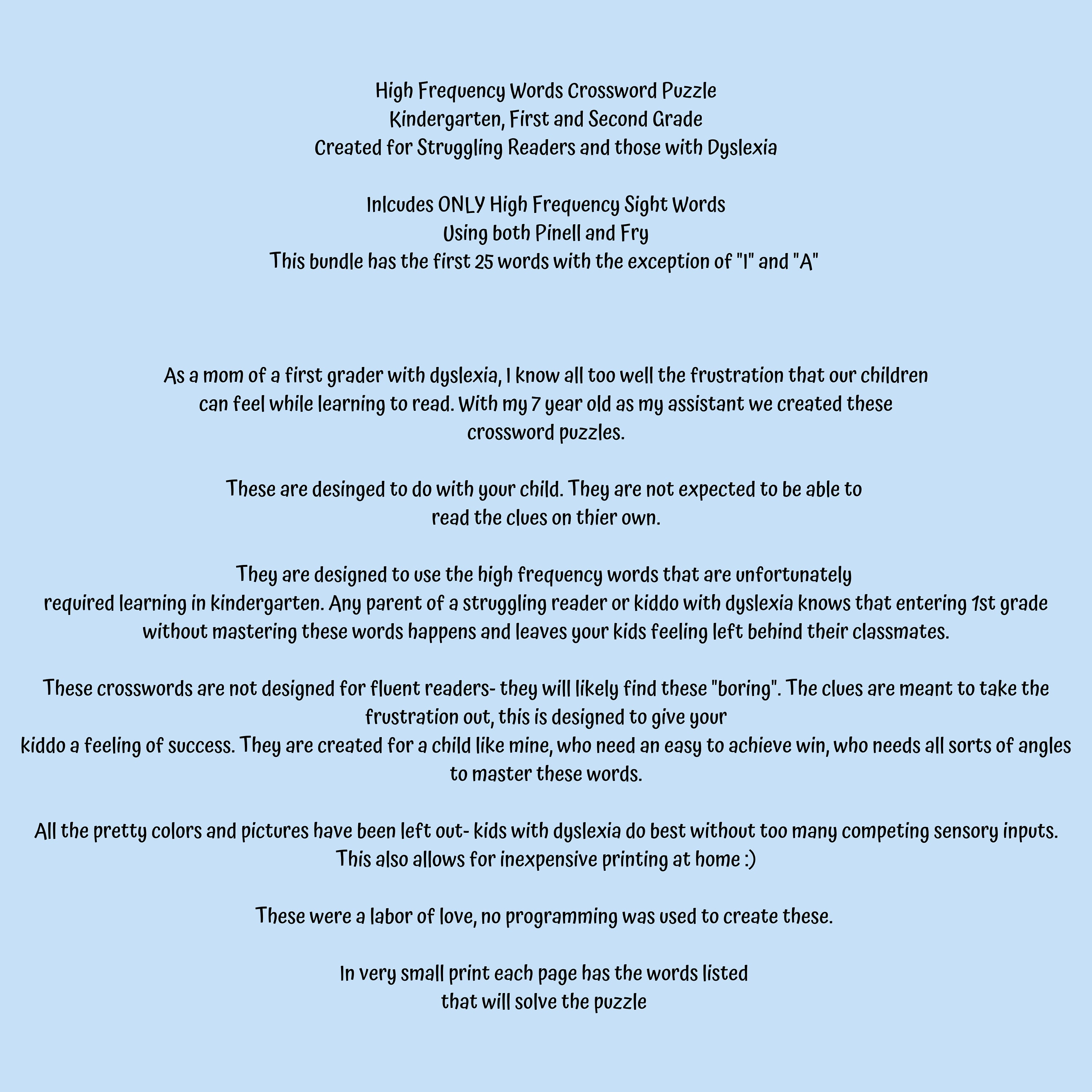 Dyslexia, Children's Sight Word Crossword Puzzle- Only High Frequency ...