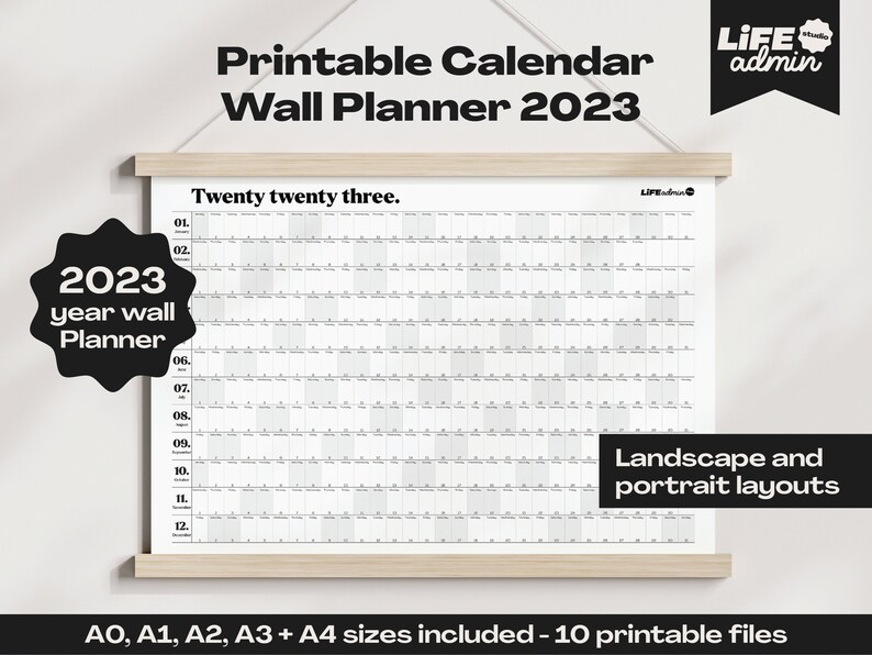 2023 Wall Planner Printable Wall Calendar Landscape & Portrait Yearly ...