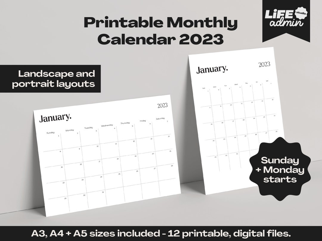 2023 Printable Monthly Calendar Landscape, Portrait A3, A4 & A5 ...
