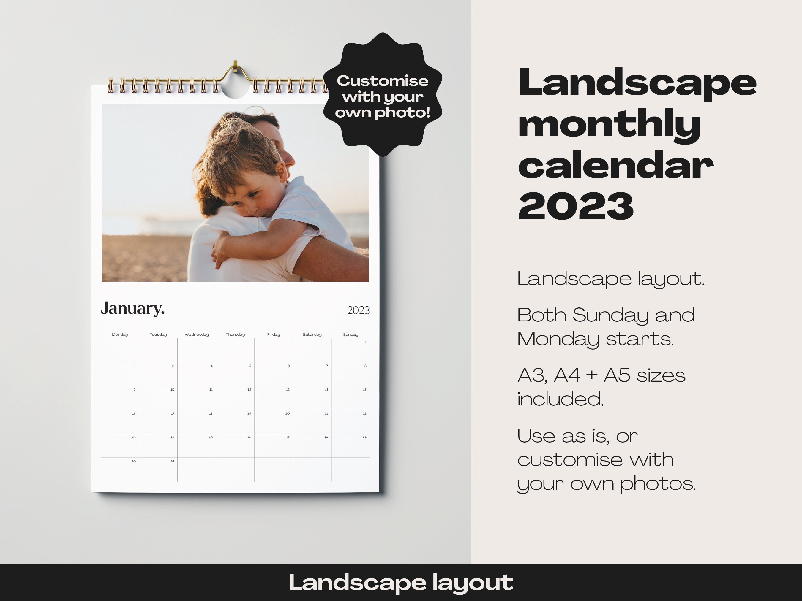 2023 Printable Monthly Calendar Landscape, Portrait A3, A4 & A5 ...