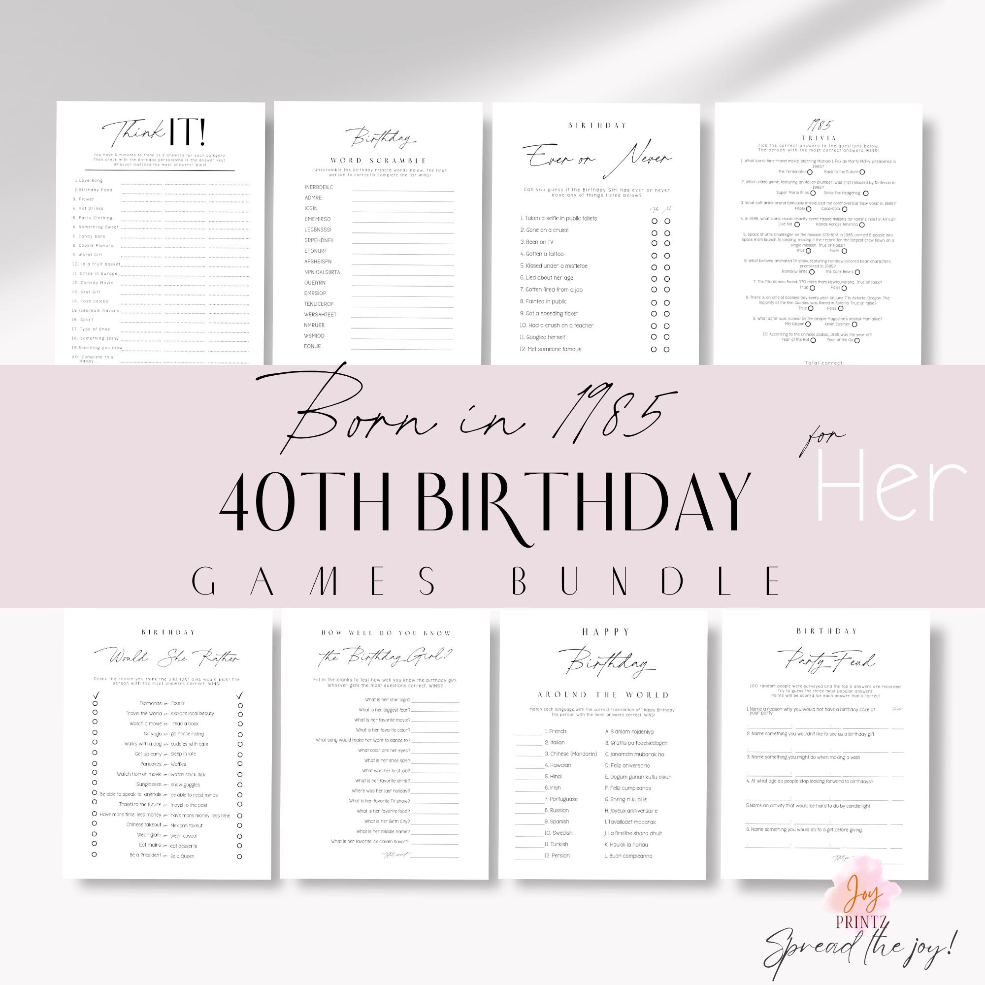 40th Birthday Party Games Bundle for Her | Born in 1985 Games | 40th ...