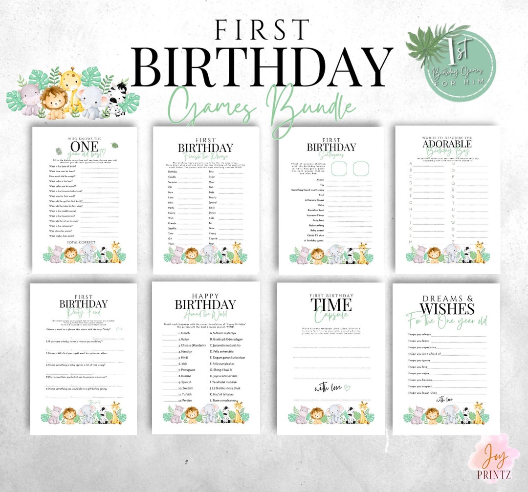 Boy Safari Jungle First Birthday Games Bundle for Him | 1st Birthday ...