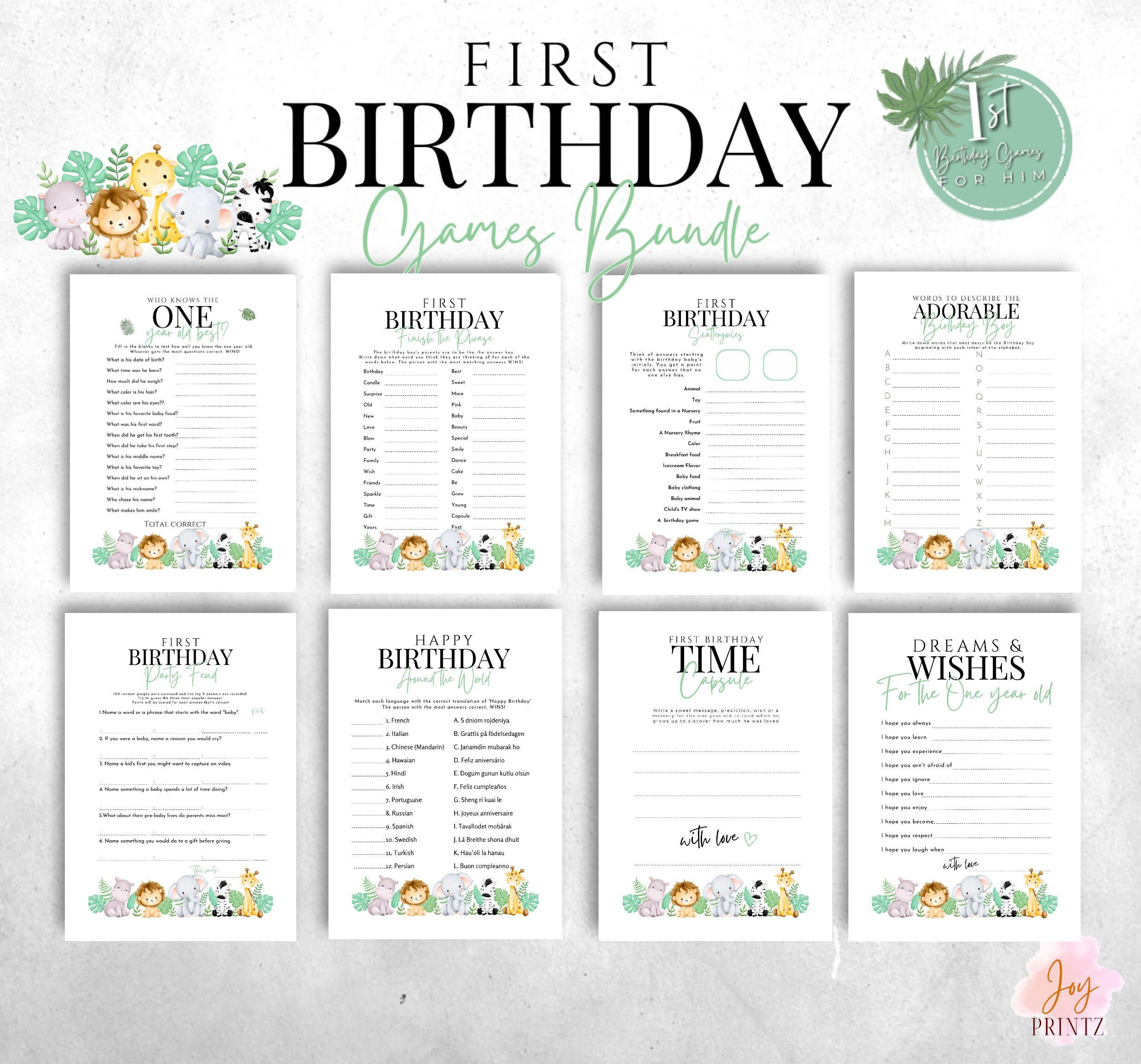 Boy Safari Jungle First Birthday Games Bundle for Him | 1st Birthday ...