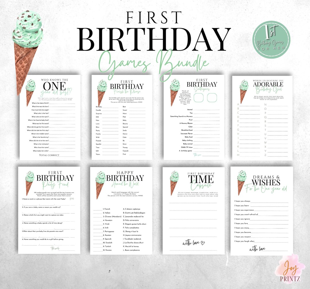 First Birthday Games Bundle for Her | Mint Gelato 1st Birthday Girl ...