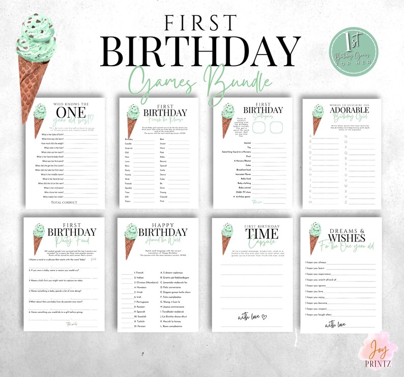 First Birthday Games Bundle for Her | Mint Gelato 1st Birthday Girl ...