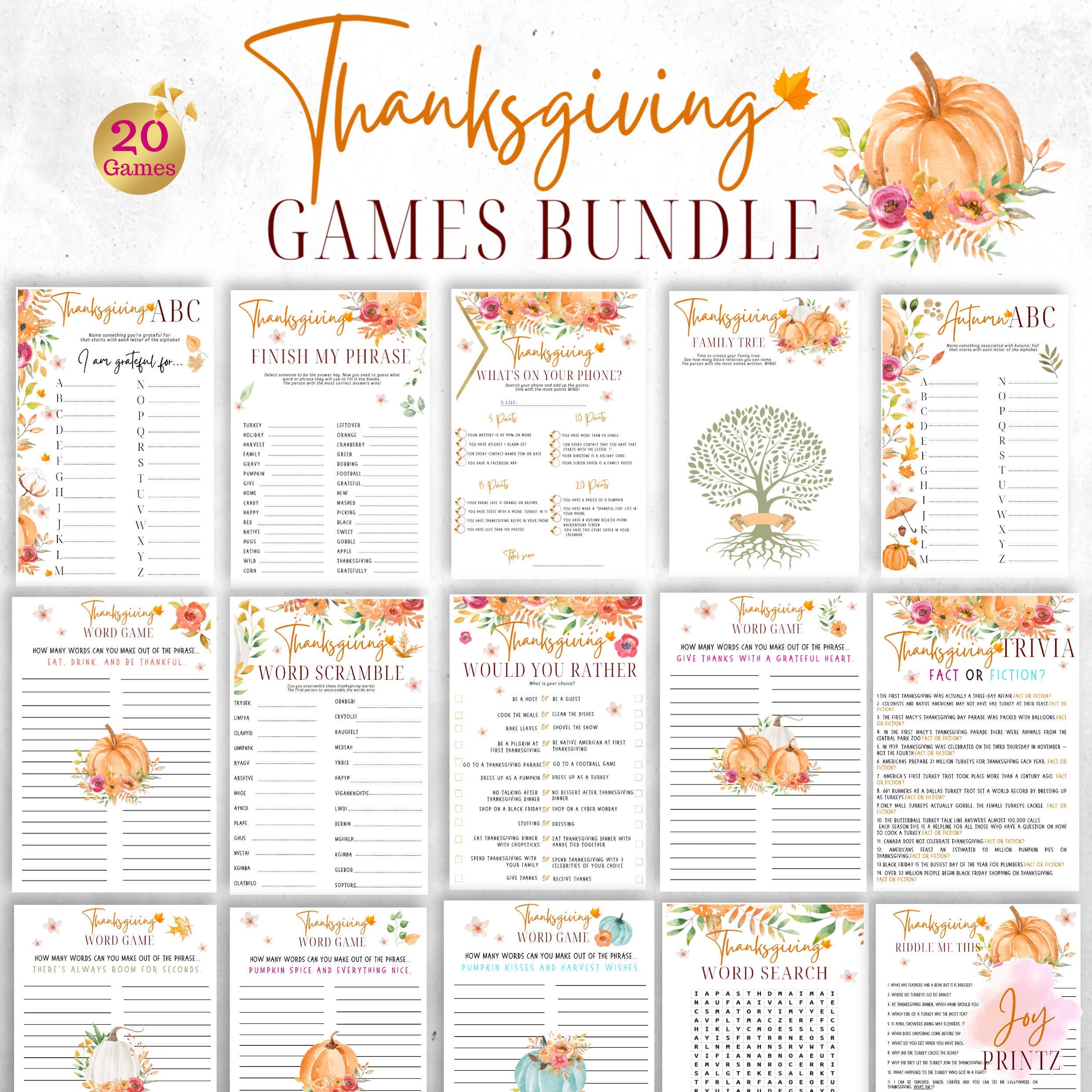 Thanksgiving Games Bundle Family Friendly Thanksgiving Dinner Games Holiday Party Autumn Activities Pumpkin Flowers November Fun Etsy