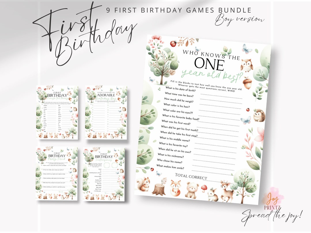 Woodland First Birthday Games Bundle for Him | 1st Birthday Boy Party ...