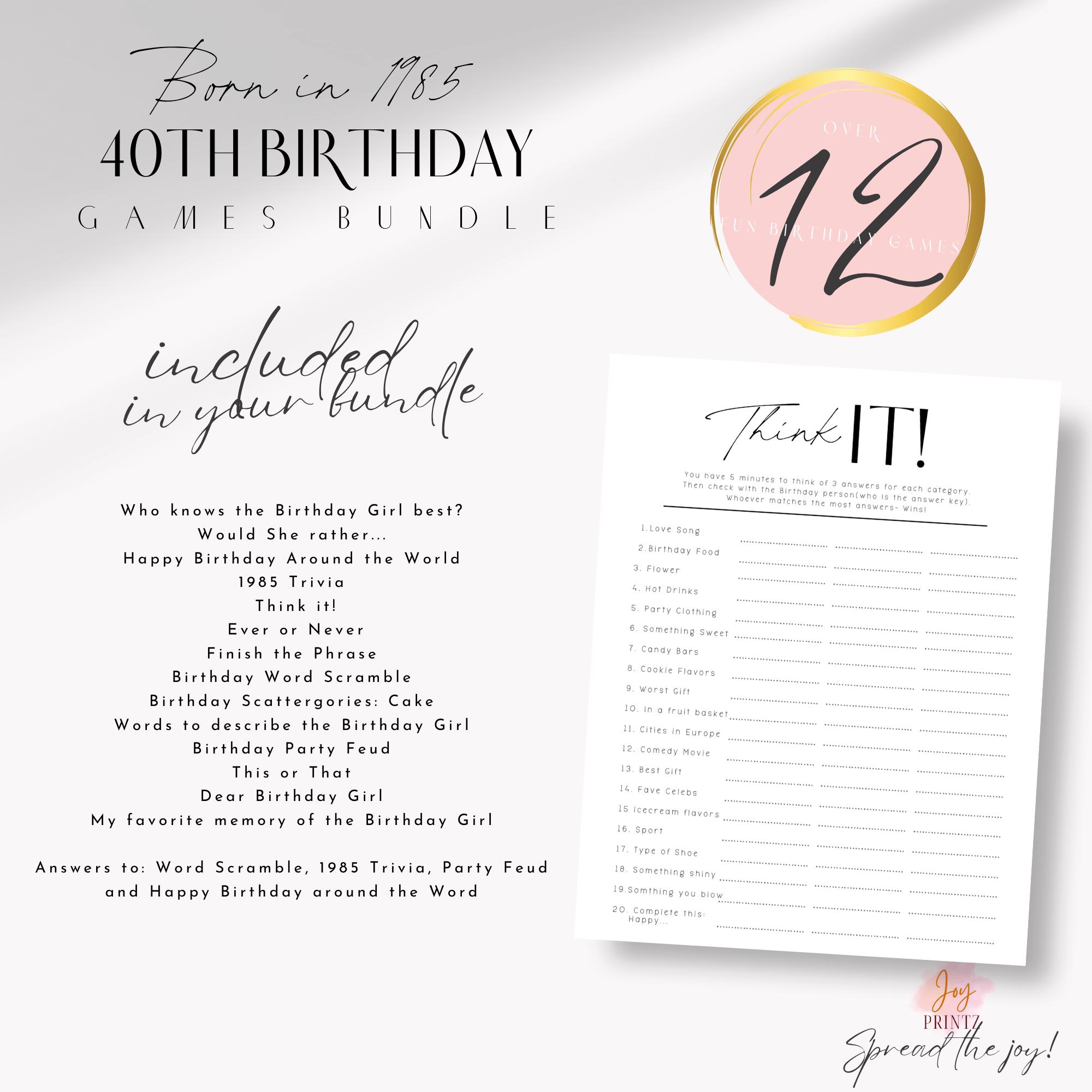 40th Birthday Party Games Bundle for Her | Born in 1985 Games | 40th ...