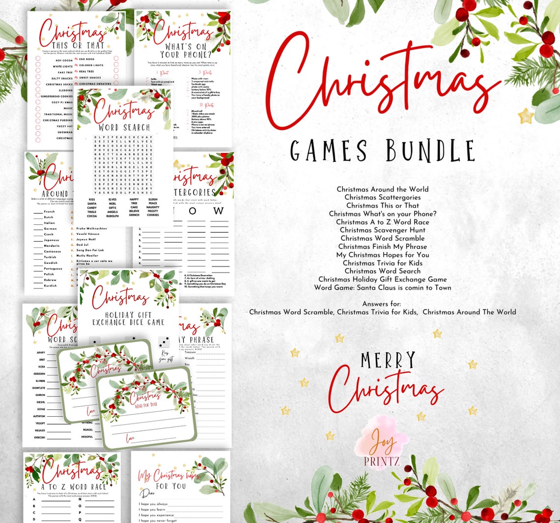 Printable Christmas Game Bundle | Mistletoe Design Holiday Games ...