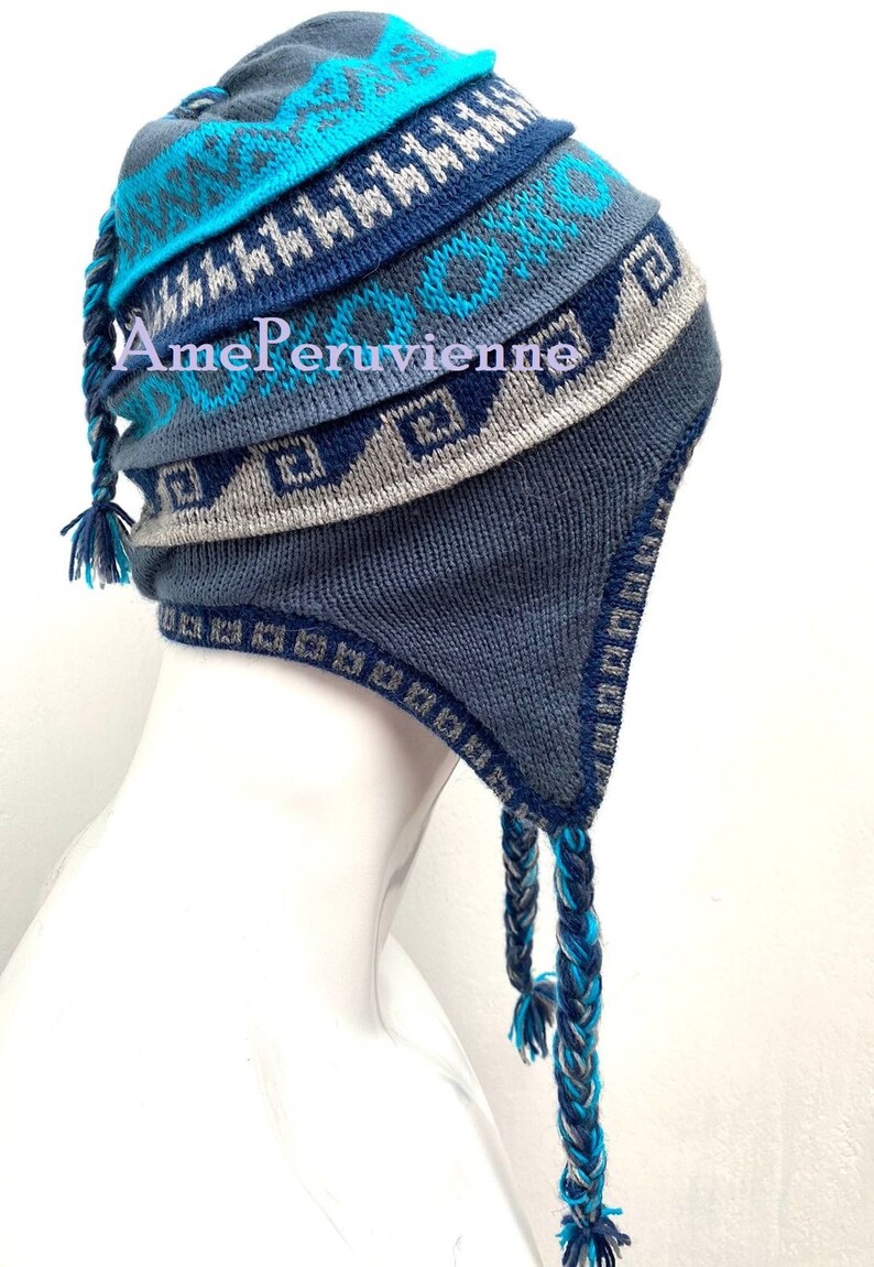 Blue Steel With Turquoise Unisex Peruvian Alpaca Hat Chullo With ...