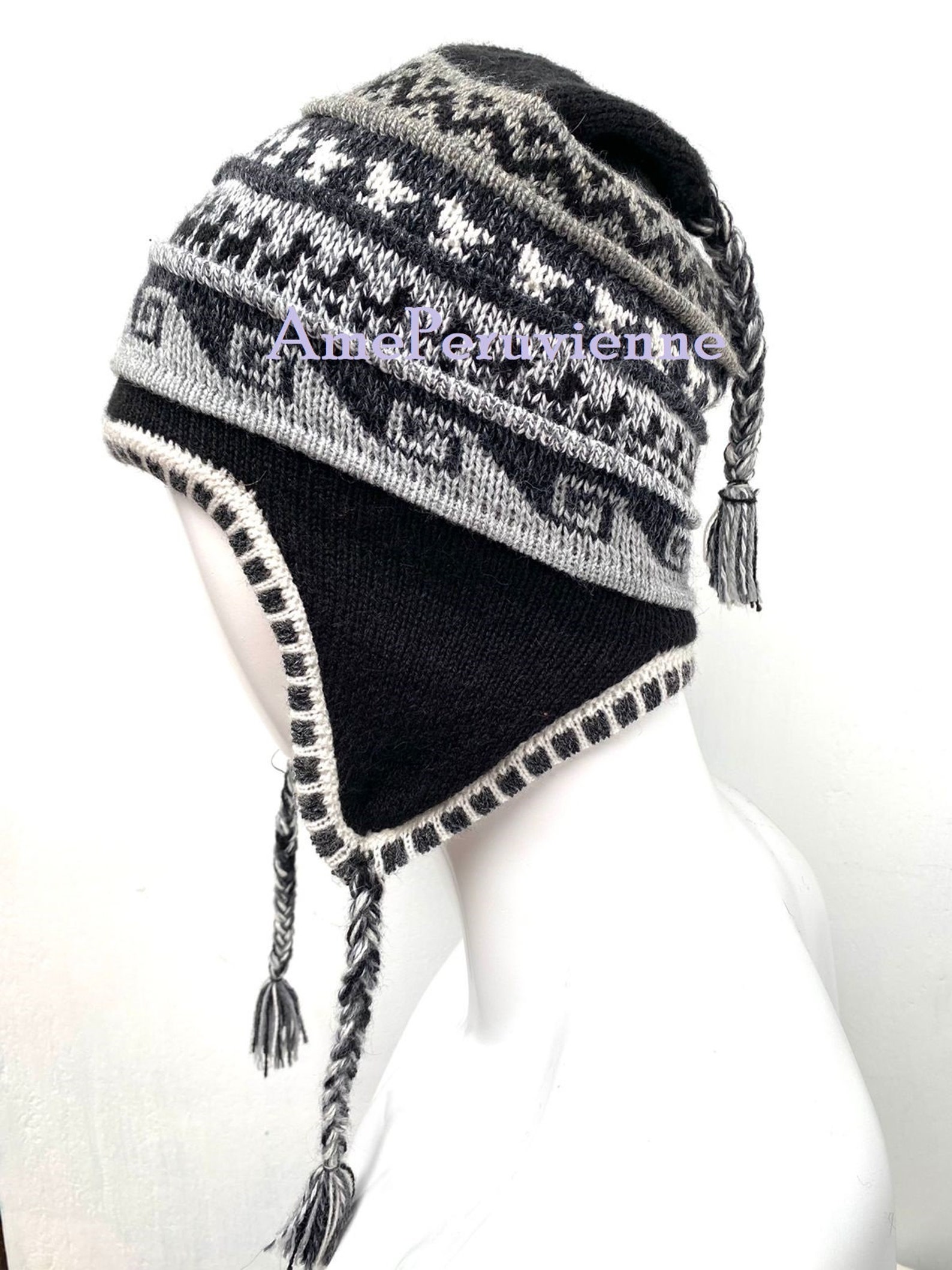 Black Unisex Peruvian Alpaca Hat Chullo With Earflaps 100% Lining, Soft ...