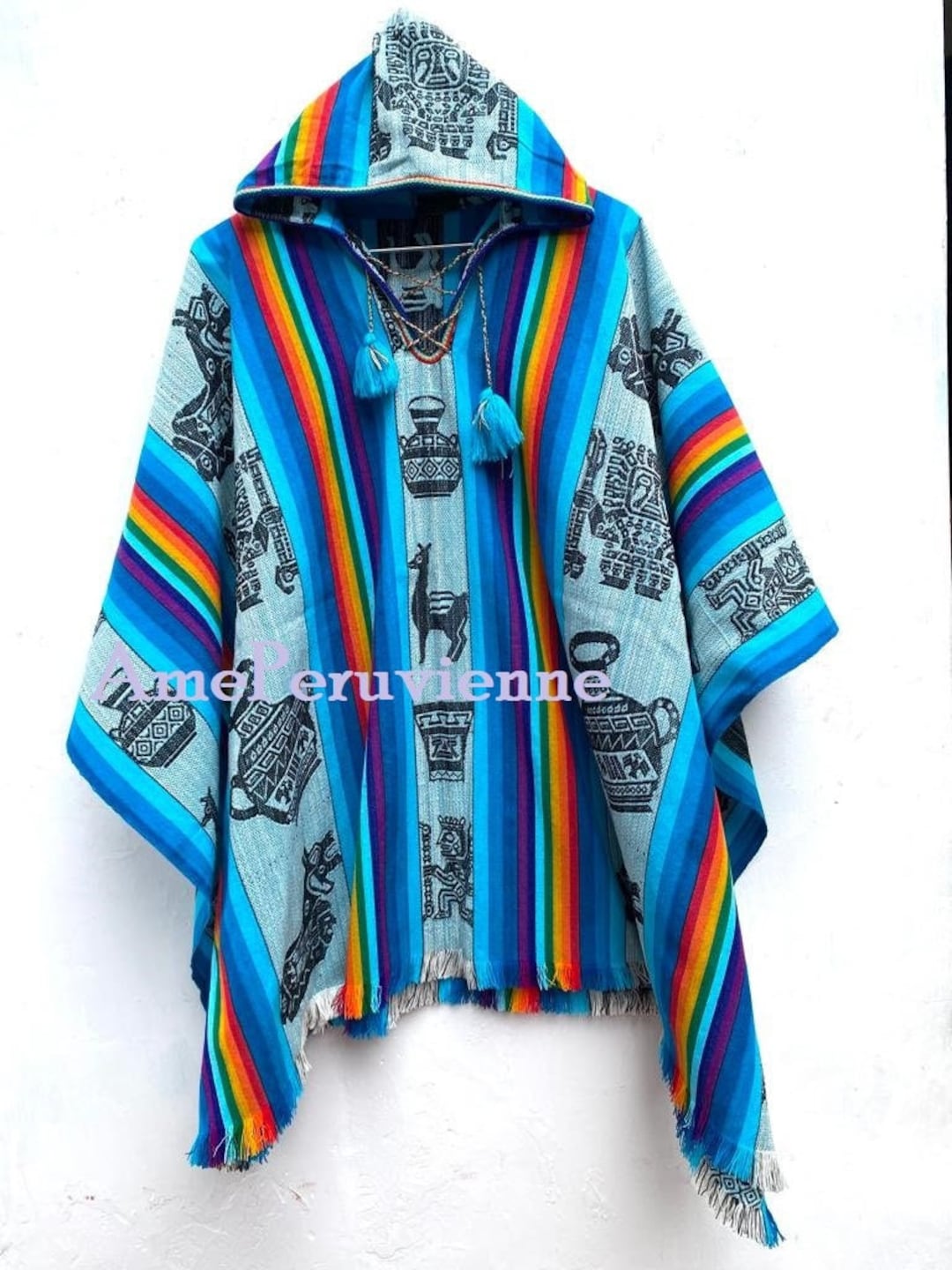 Alpaca Poncho Blue for Men and Woman, Poncho Alpaca Wool, Peru, Poncho for Winter, Shawl Ethnic ...