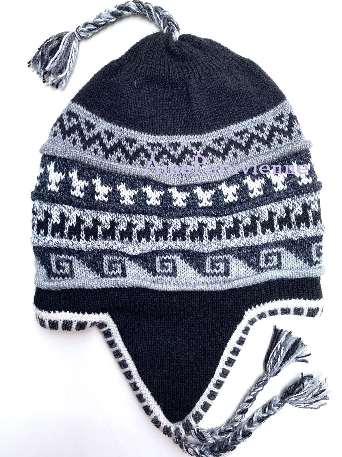Black Unisex Peruvian Alpaca Hat Chullo With Earflaps 100% Lining, Soft ...