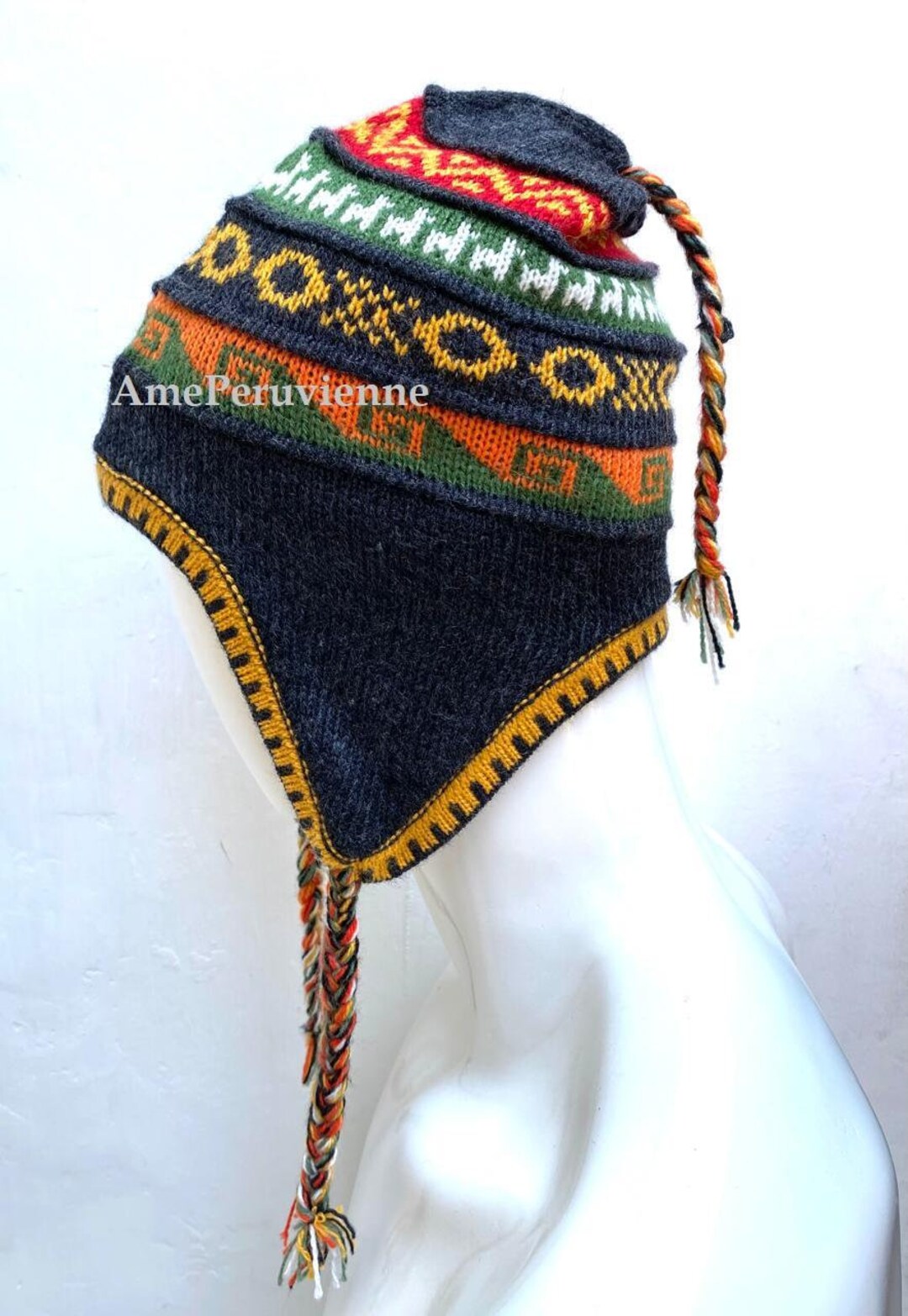 Darkgray/green Unisex Peruvian Alpaca Hat Chullo With Earflaps 100% Lining, Soft Fleece Lining ...