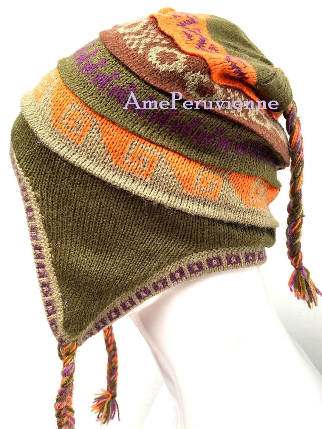 Green With Orange Unisex Peruvian Alpaca Hat Chullo With Earflaps 100% ...