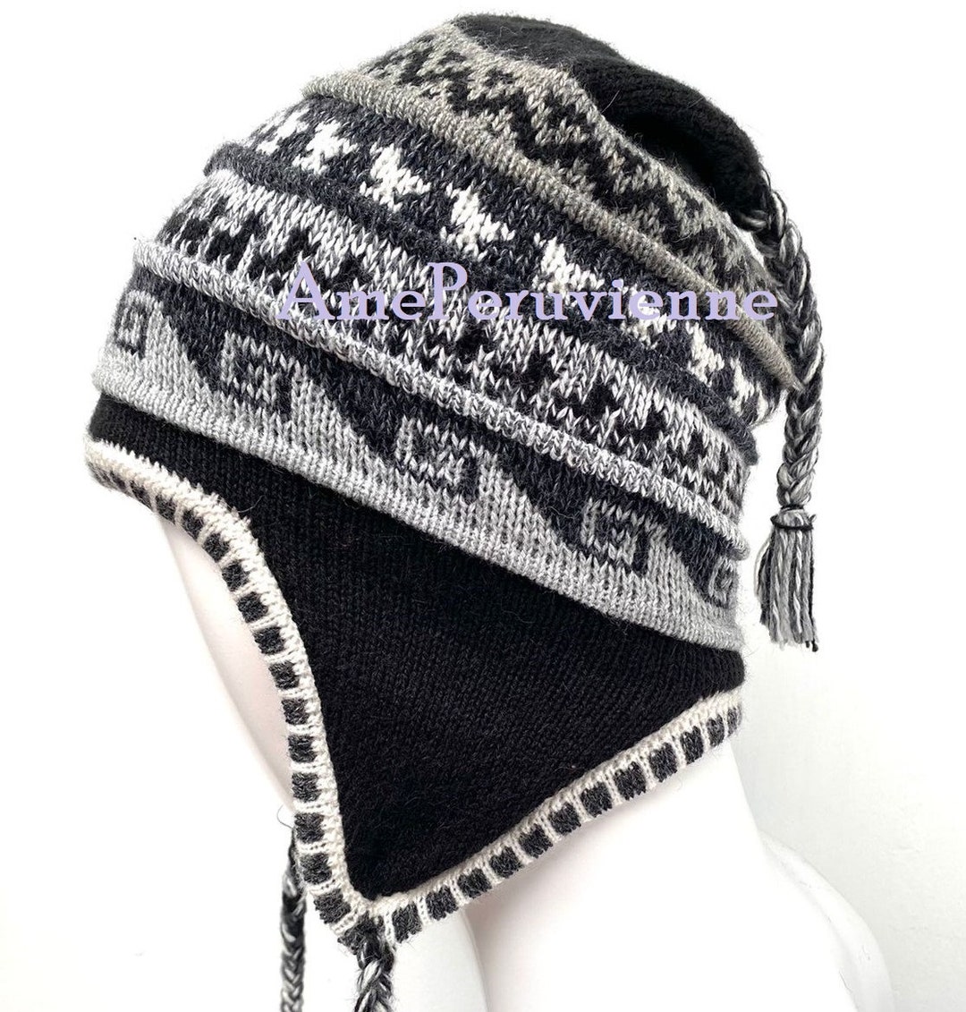 Black Unisex Peruvian Alpaca Hat Chullo With Earflaps 100% Lining, Soft ...