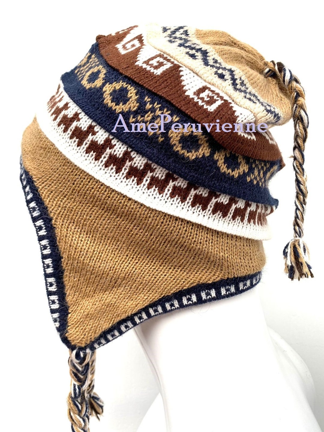Beige Unisex Peruvian Alpaca Hat Chullo With Earflaps 100% Lining ...