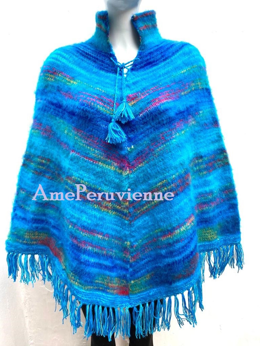 Light Blue Colorful Alpaca Poncho, Womens Poncho, Peruvian Poncho ...