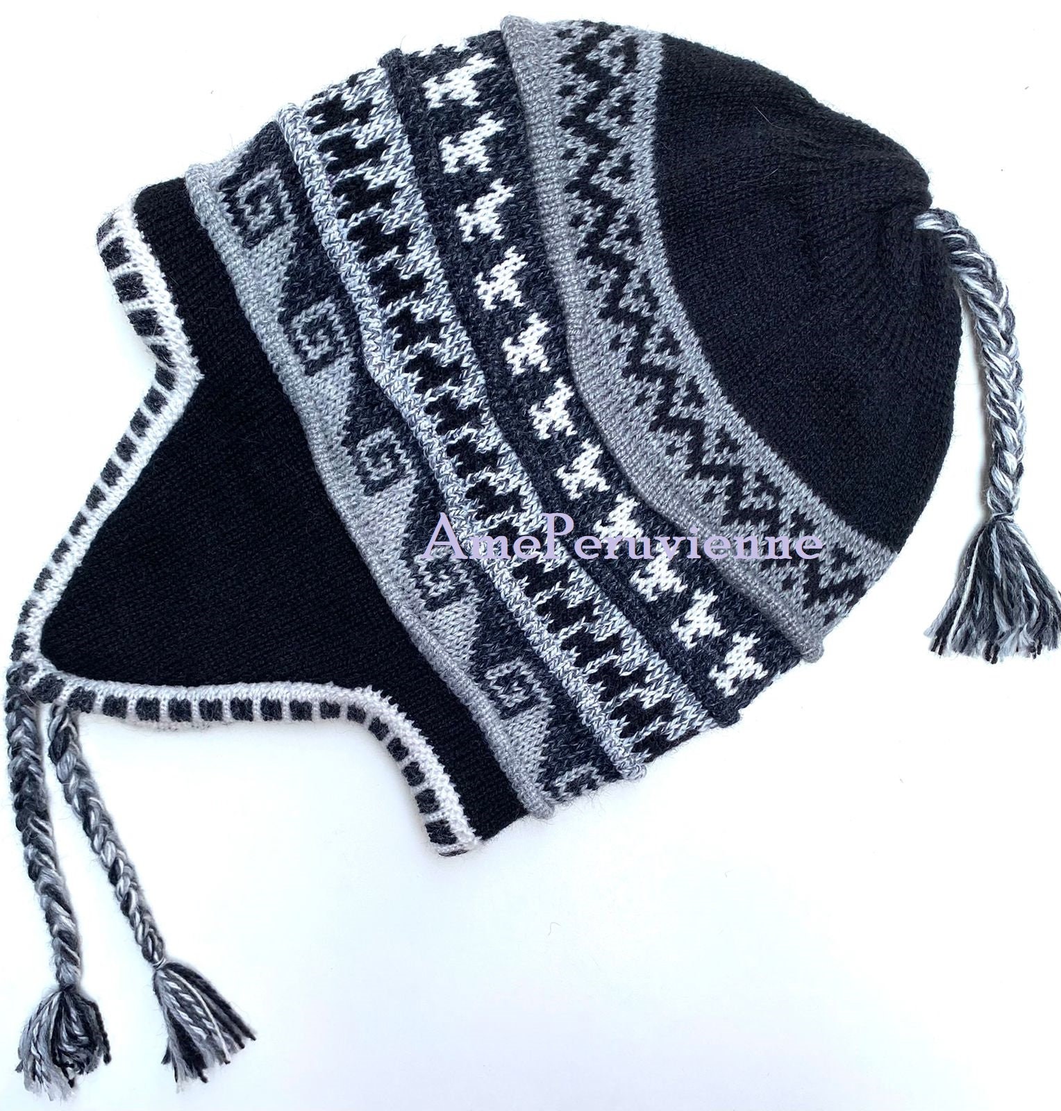 Black Unisex Peruvian Alpaca Hat Chullo With Earflaps 100% Lining, Soft ...