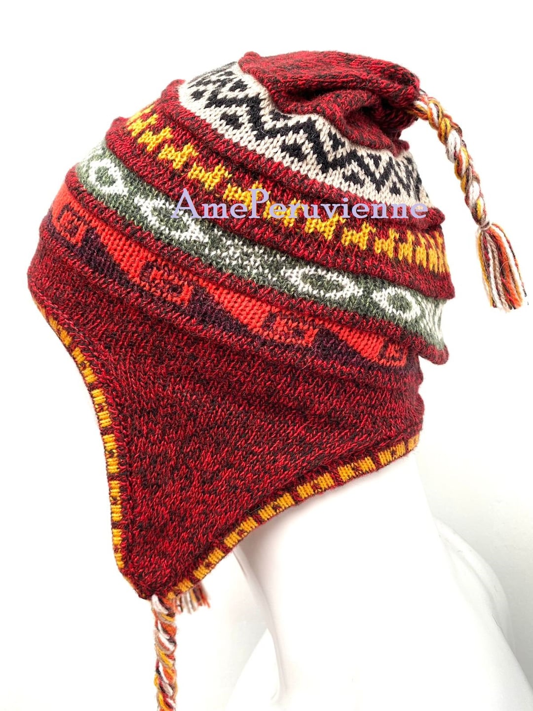 Hash Red Unisex Peruvian Alpaca Hat Chullo With Earflaps 100% Lining ...