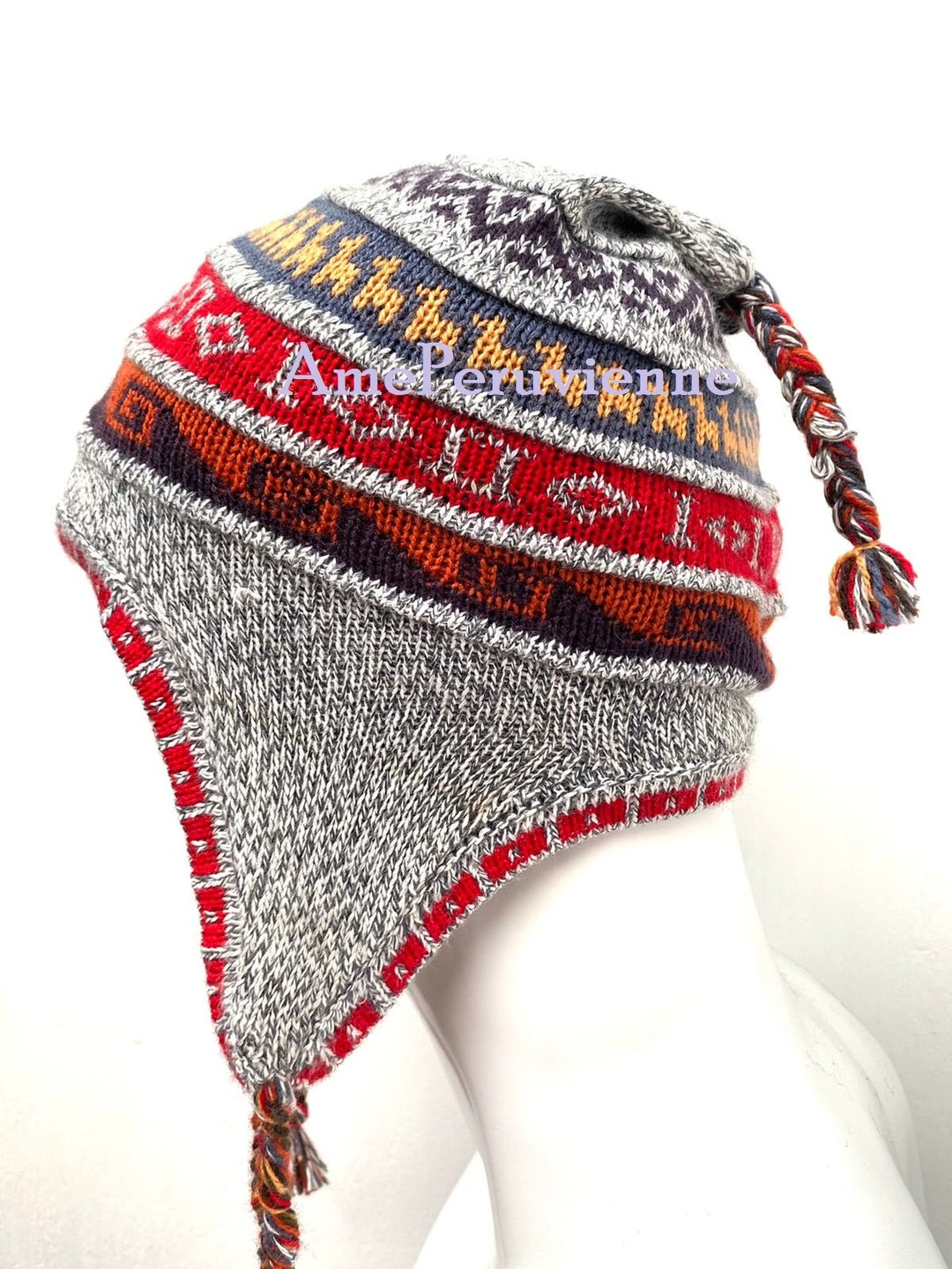 Hash Grey With Red Unisex Peruvian Alpaca Hat Chullo With Earflaps 100% ...