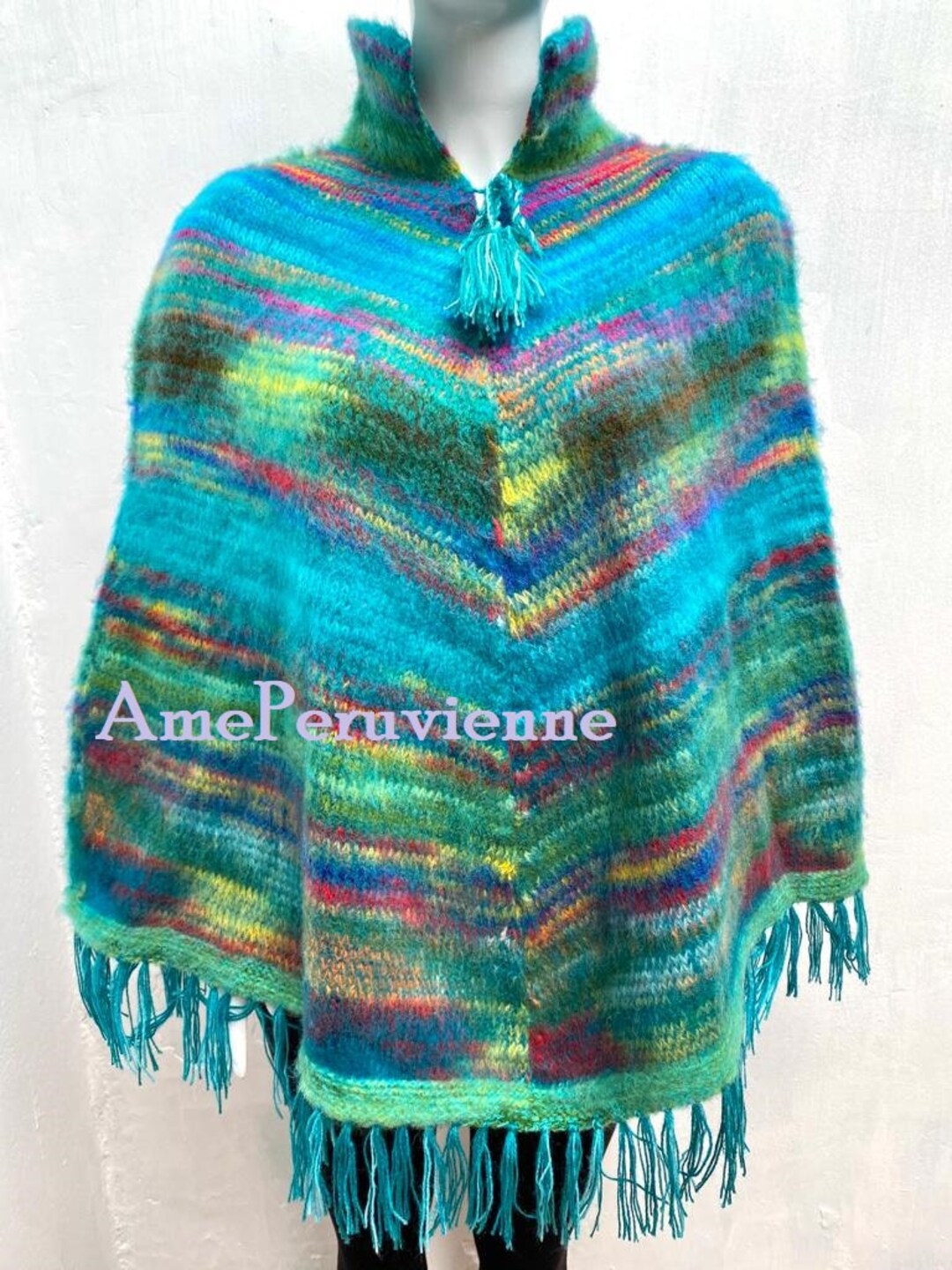 Green Colorful Alpaca Poncho, Womens Poncho, Peruvian Poncho, Alpaca ...