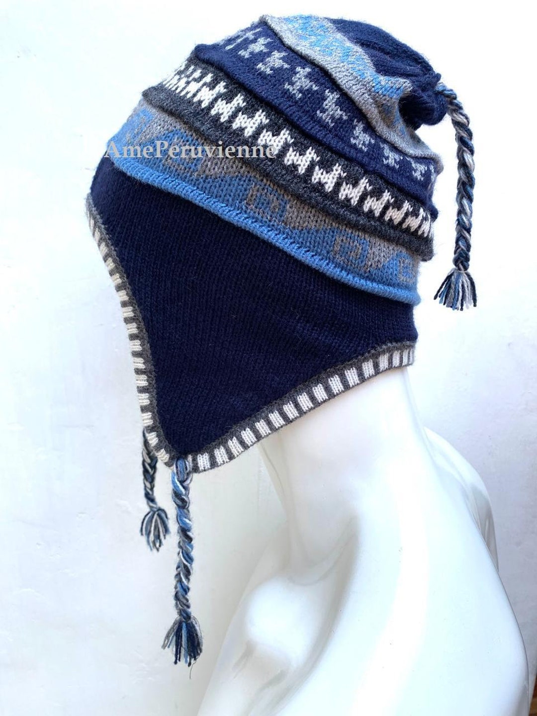 Mix Blue Unisex Peruvian Alpaca Hat Chullo With Earflaps 100% Lining ...
