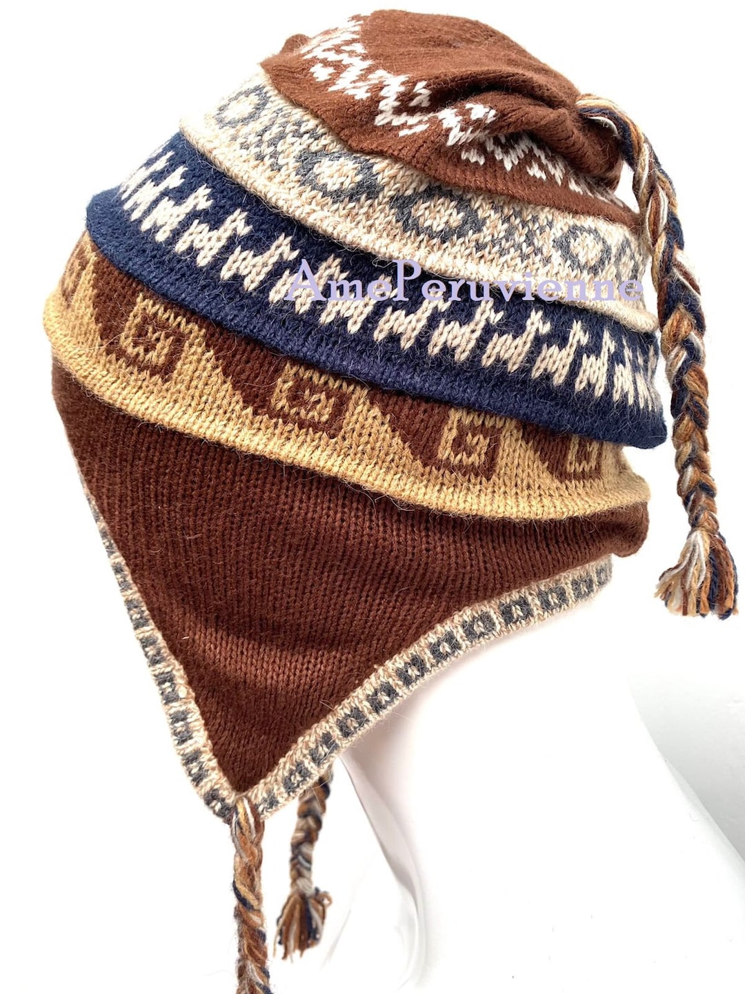 Brown Unisex Peruvian Alpaca Hat Chullo With Earflaps 100% Lining, Soft ...