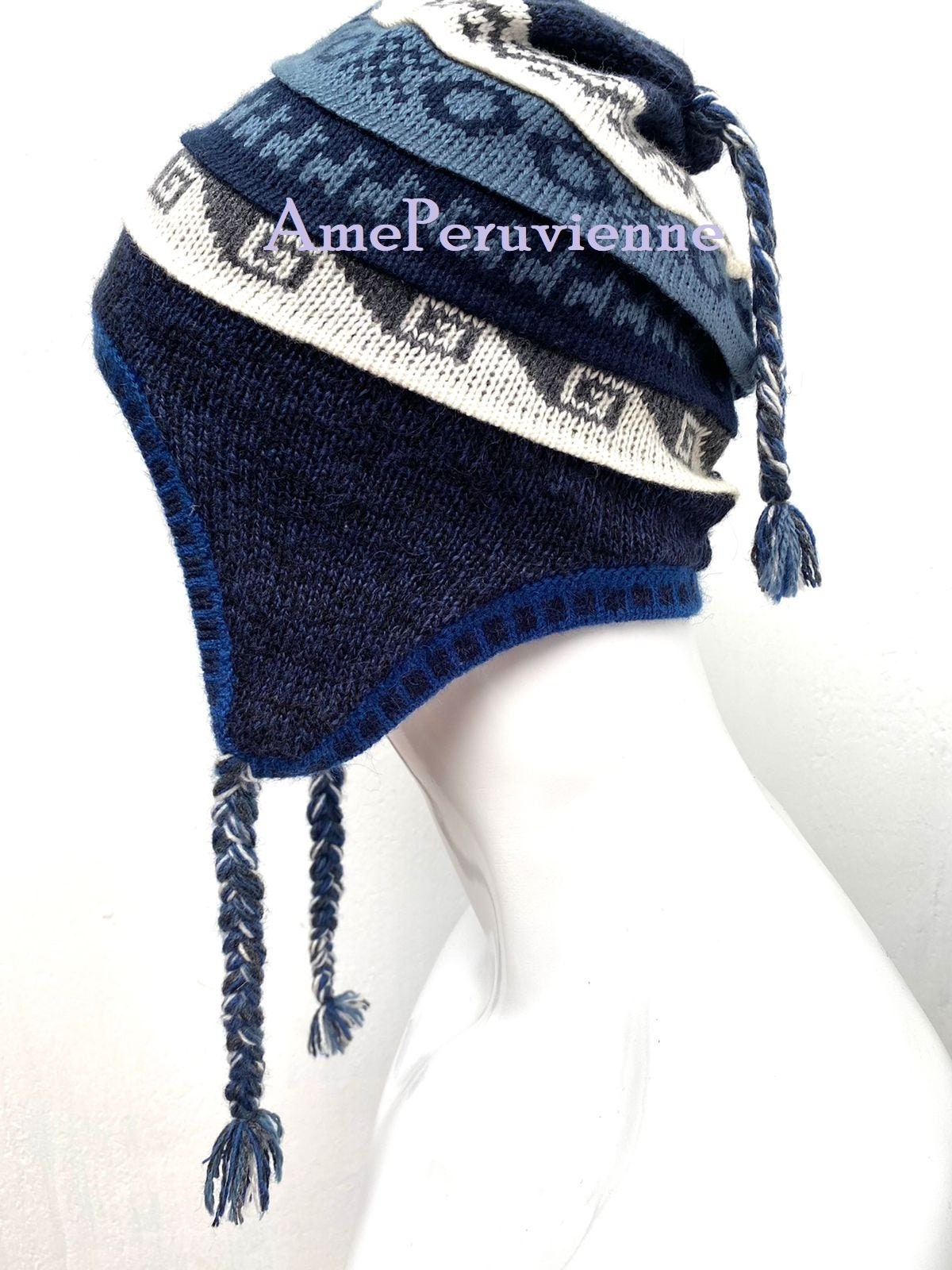 Blue Unisex Peruvian Alpaca Hat Chullo With Earflaps 100% Lining, Soft ...