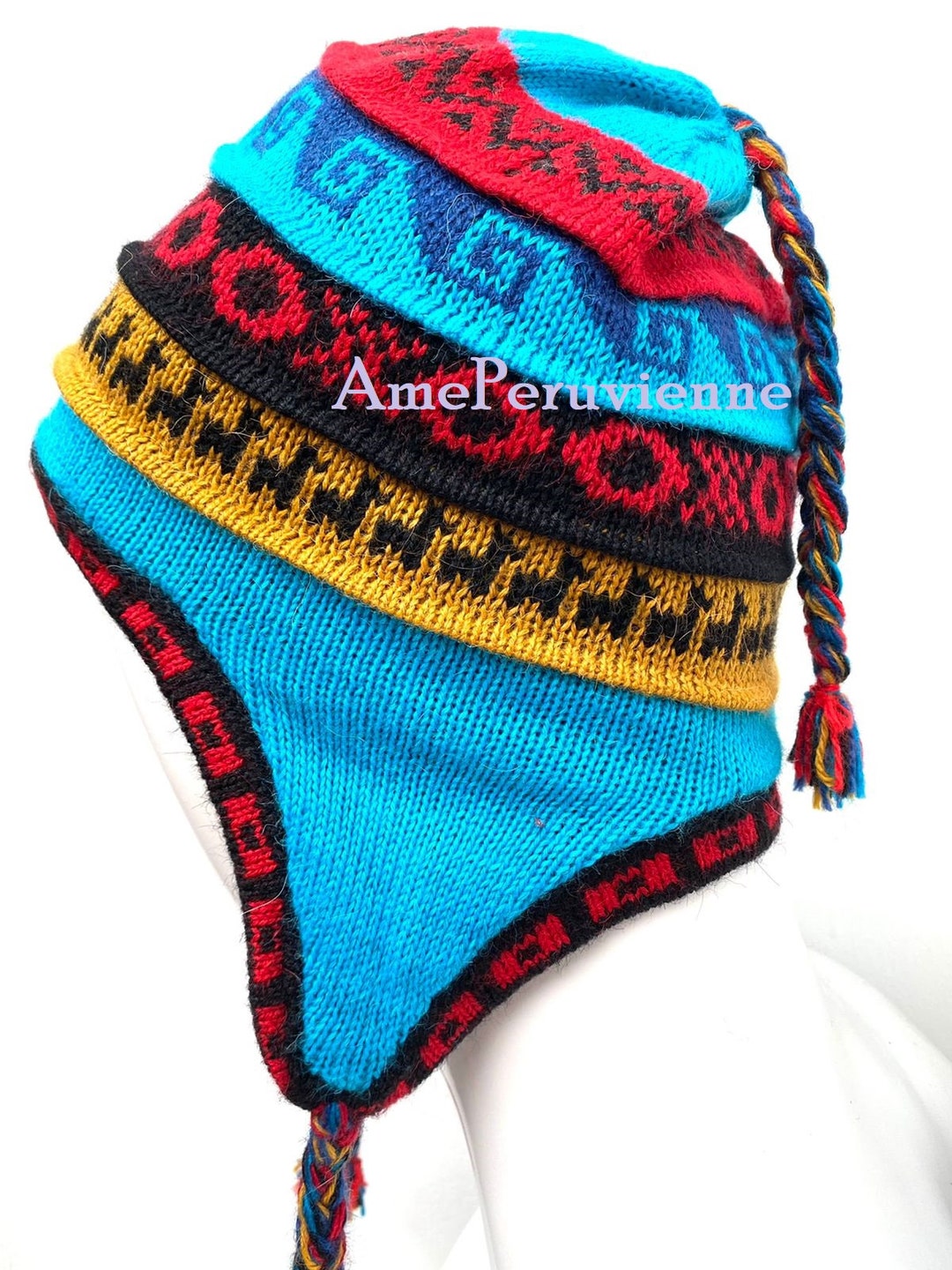 Turquoise Unisex Peruvian Alpaca Hat Chullo With Earflaps 100% Lining ...