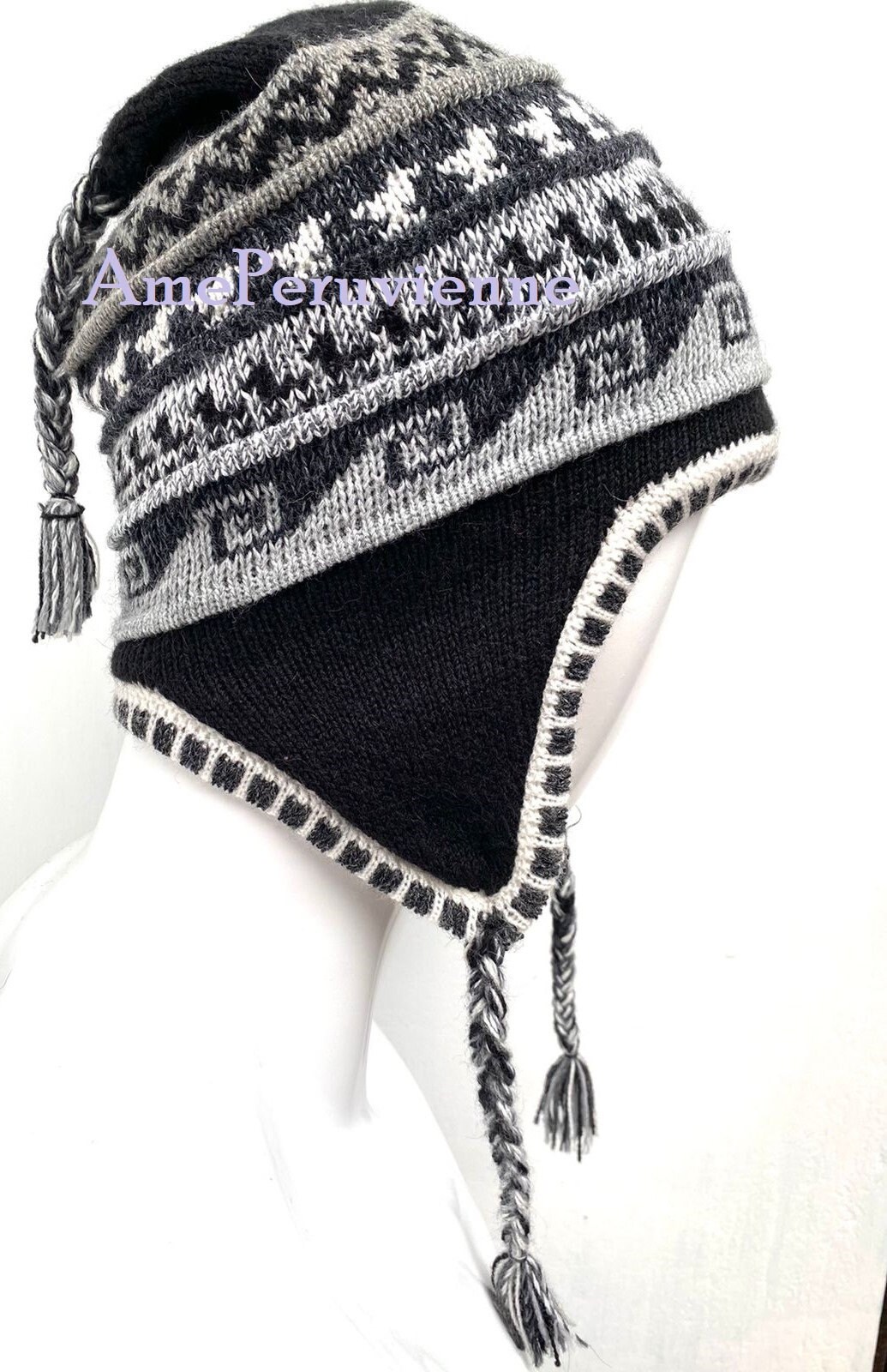 Black Unisex Peruvian Alpaca Hat Chullo With Earflaps 100% Lining, Soft ...