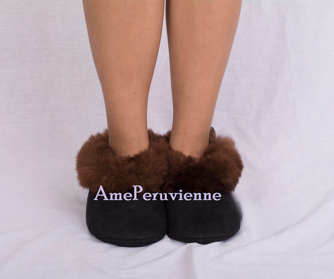 Black With Border Brown Alpaca Slippers Unisex Alpaca Fur Slippers ...