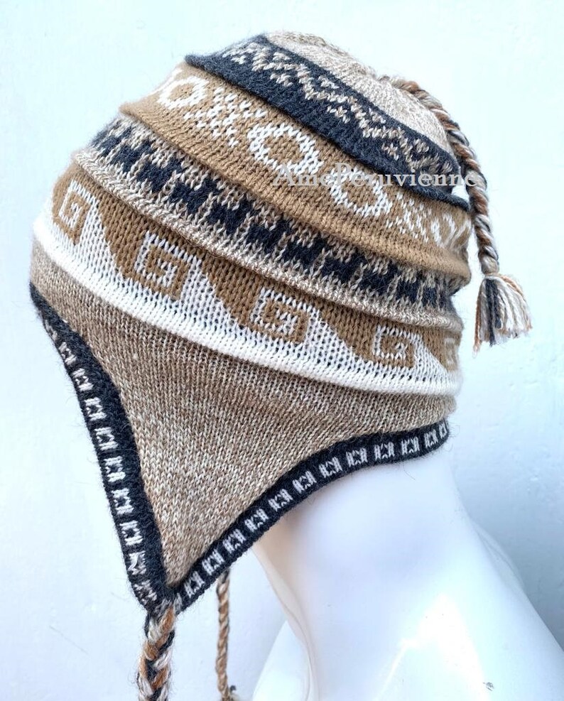 Hashed Light Beige Unisex Peruvian Alpaca Hat Chullo With Earflaps 100% ...