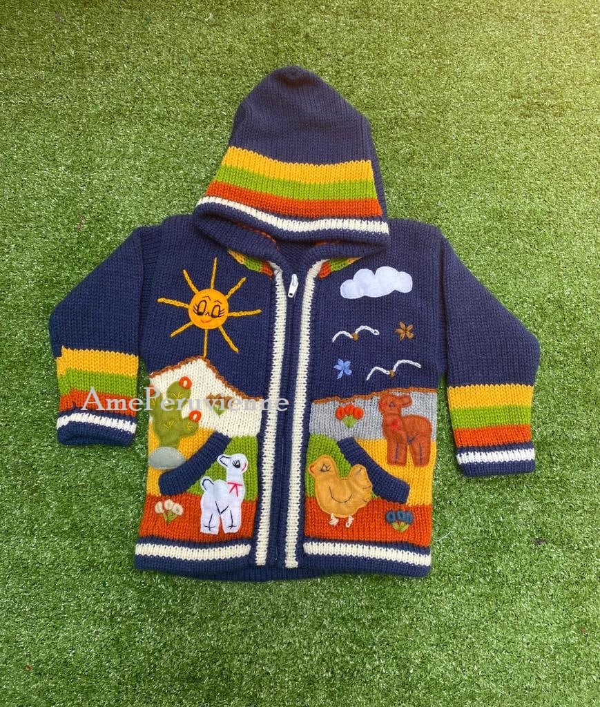 Blue Children Peruvian Hoodie Sweater, Unique Peru Kids Wool Cardigan ...