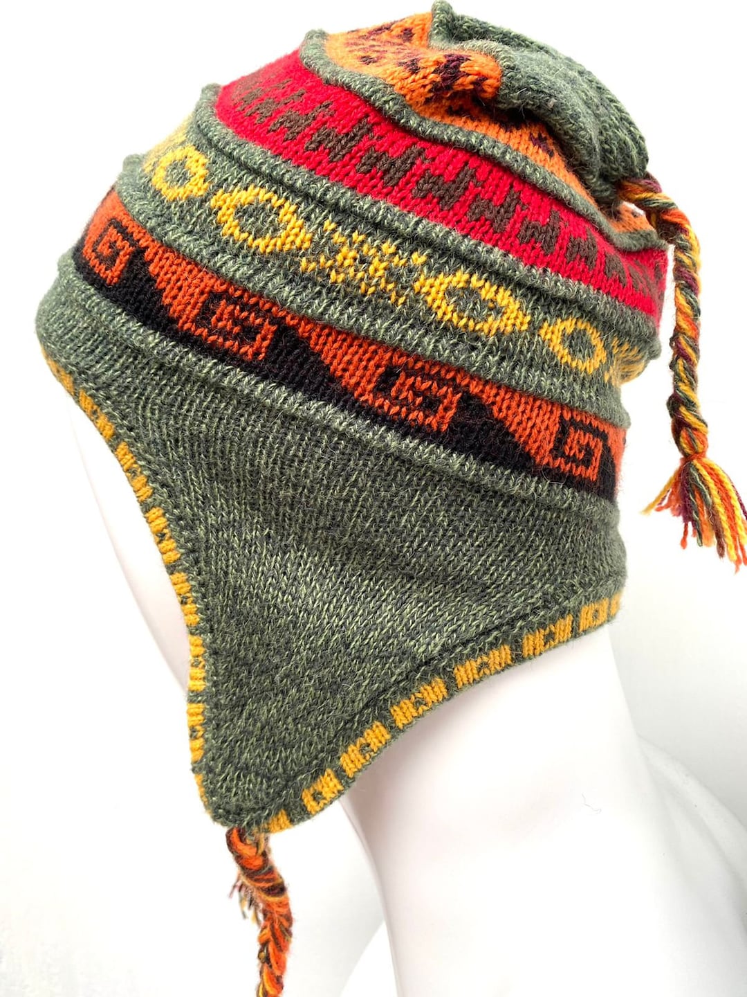 Hash Green Unisex Peruvian Alpaca Hat Chullo With Earflaps 100% Lining ...