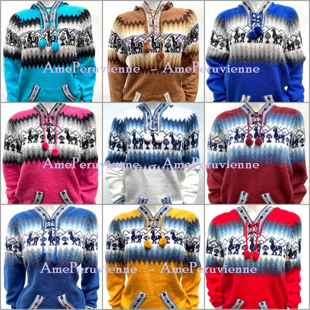 Peruvian Alpaca Hood Sweater for Woman Traditional Design Boho-hippie ...