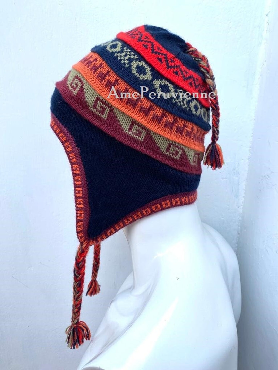 Dark Blue With Red Unisex Peruvian Alpaca Hat Chullo With Earflaps 100% ...