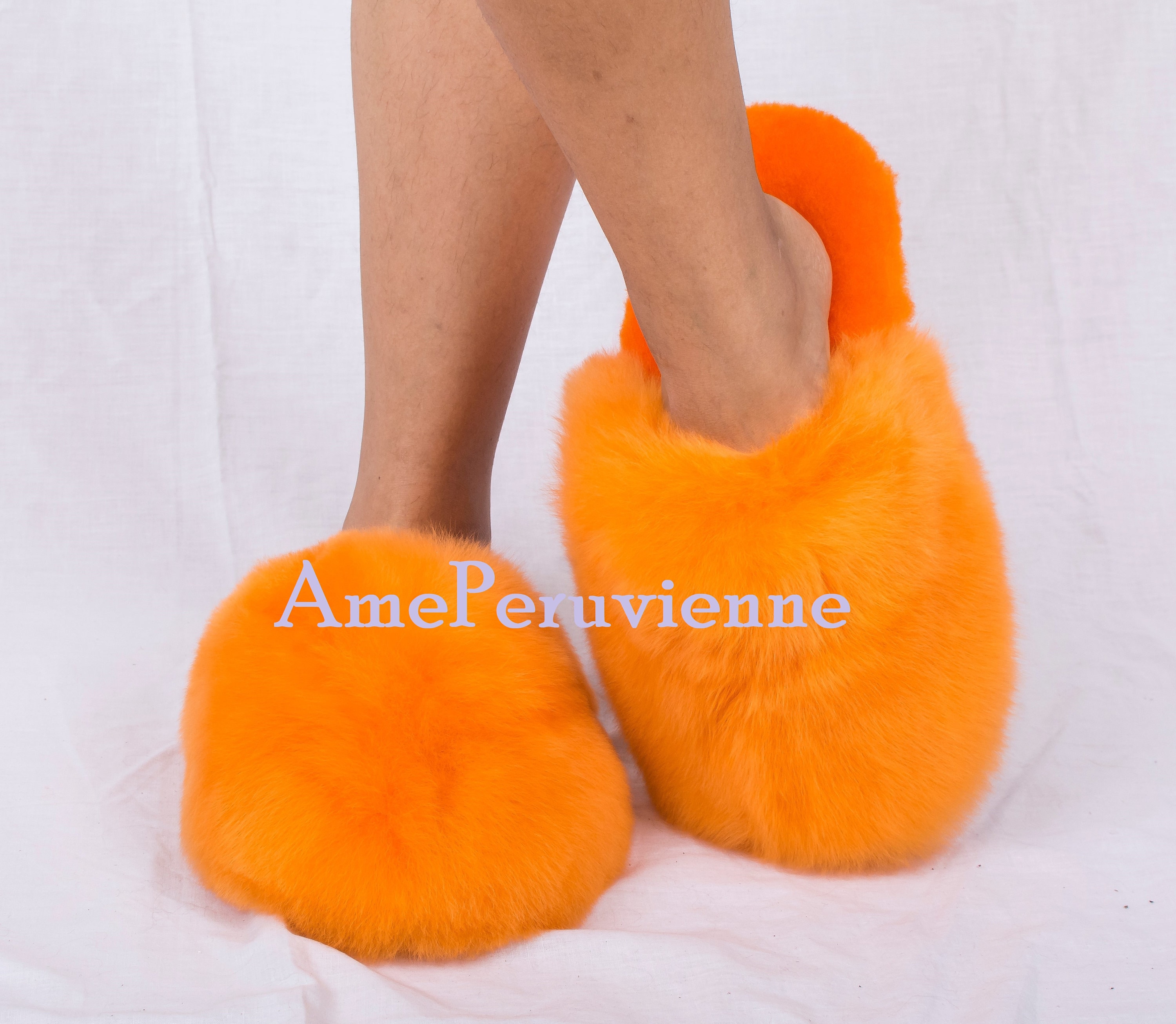 Orange Alpaca Slippers Unisex Alpaca Fur Slippers Peruvian Slippers ...